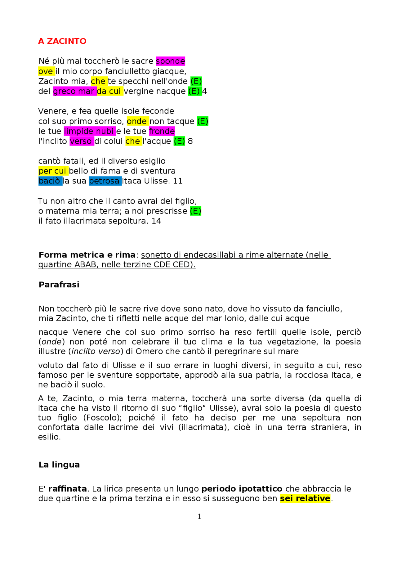 Sonetti Di Foscolo Analisi Docsity