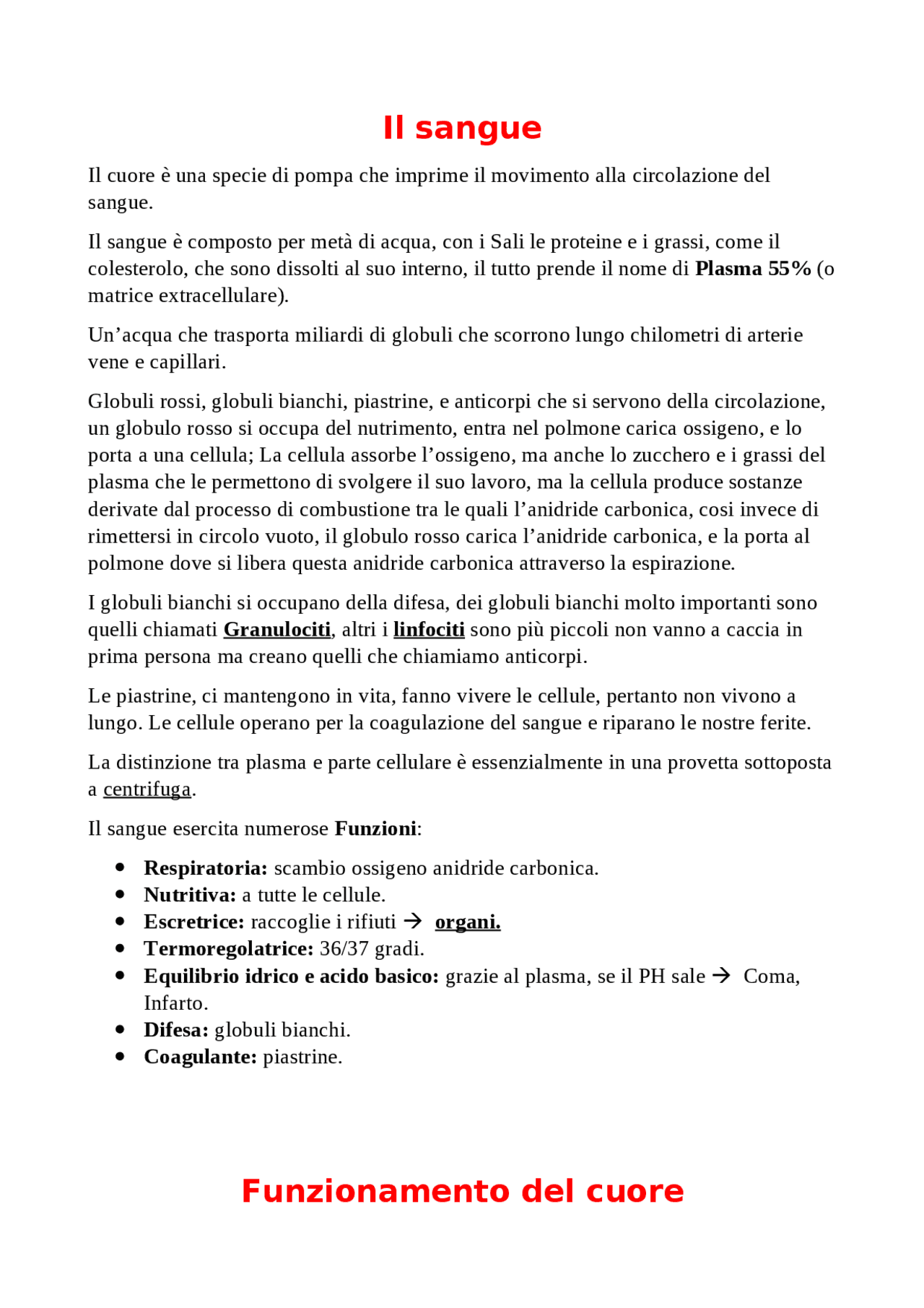Appunti Sul Sangue Sul Cuore E Sul Sistema Cardiocircolatorio Docsity