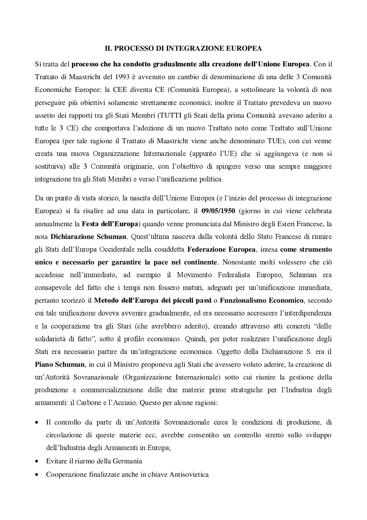 Prima parte del Processo di Integrazione Europea - Docsity