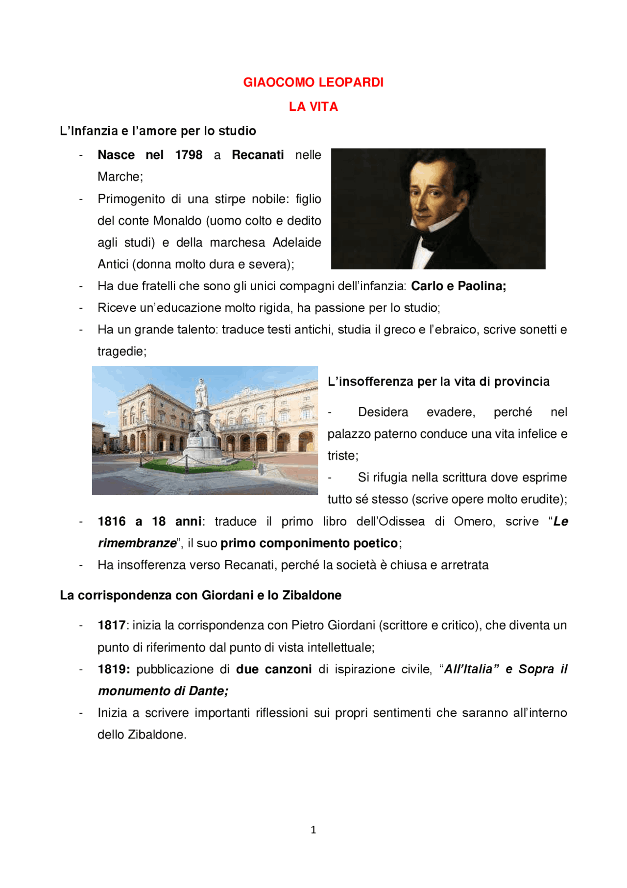 Sintesi biografia di Giacomo Leopardi - Docsity