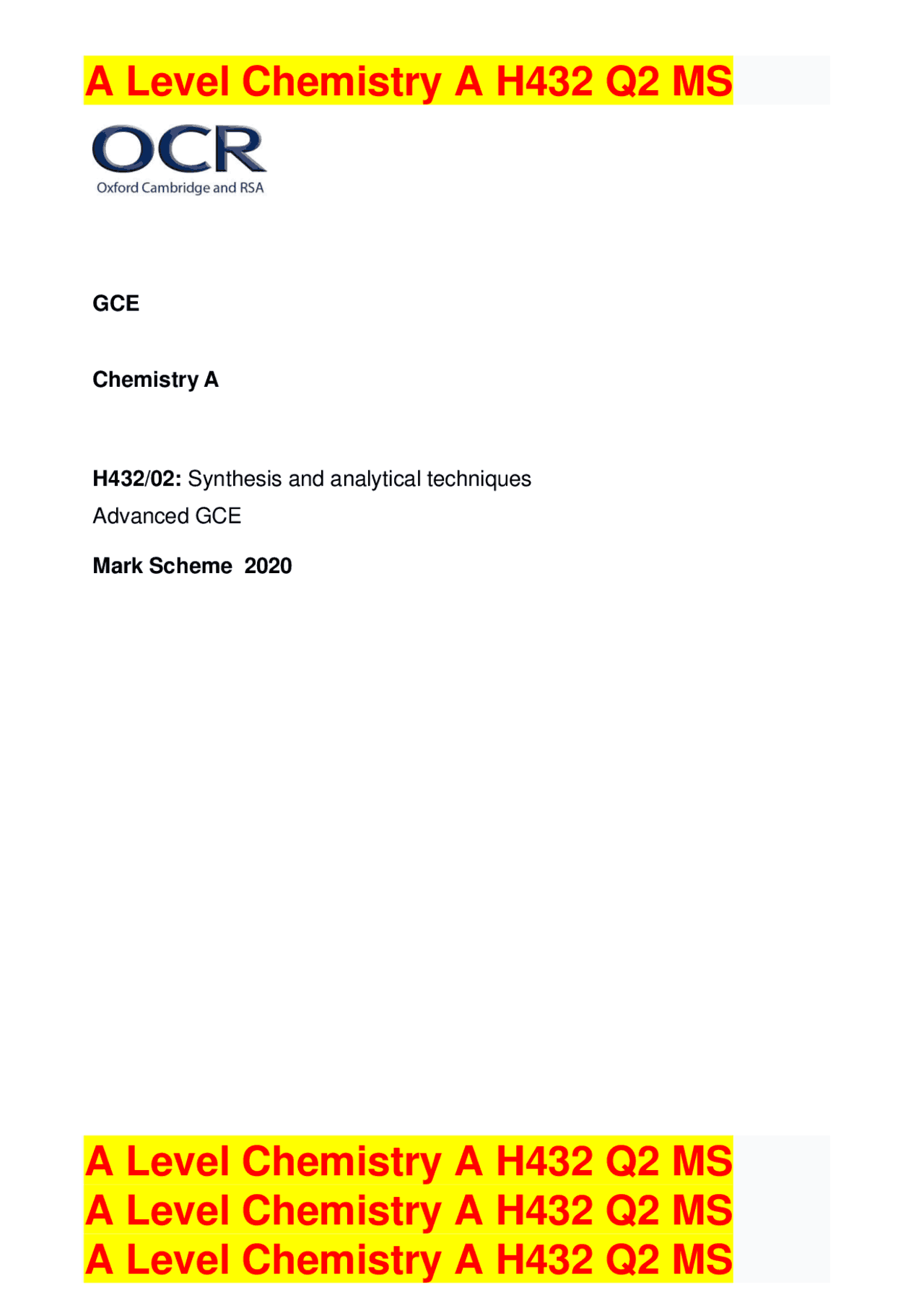 A Level Chemistry A H432 Q2 MS - Docsity