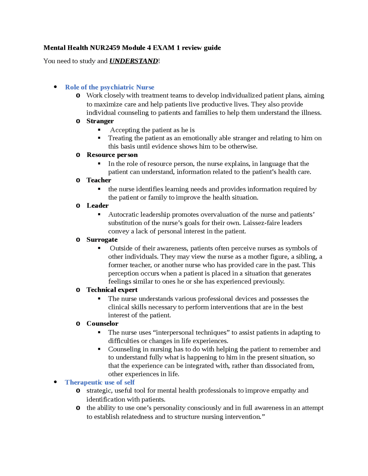 Mental Health NUR2459 Module 4 EXAM 1 review guide graded A - Docsity