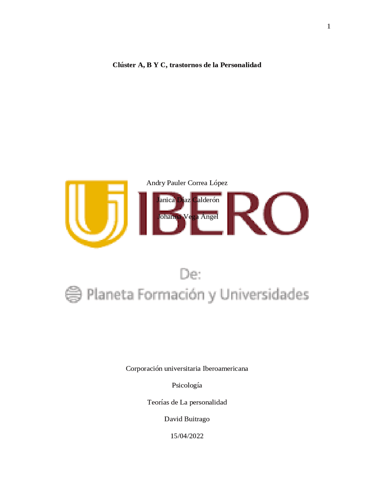 Cluster a, b, c de la personalidad, | Apuntes de Psicología | Docsity