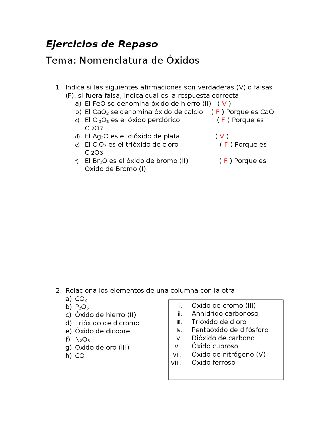 Ejercicios De Repaso óxidos No Nomenclatura Docsity