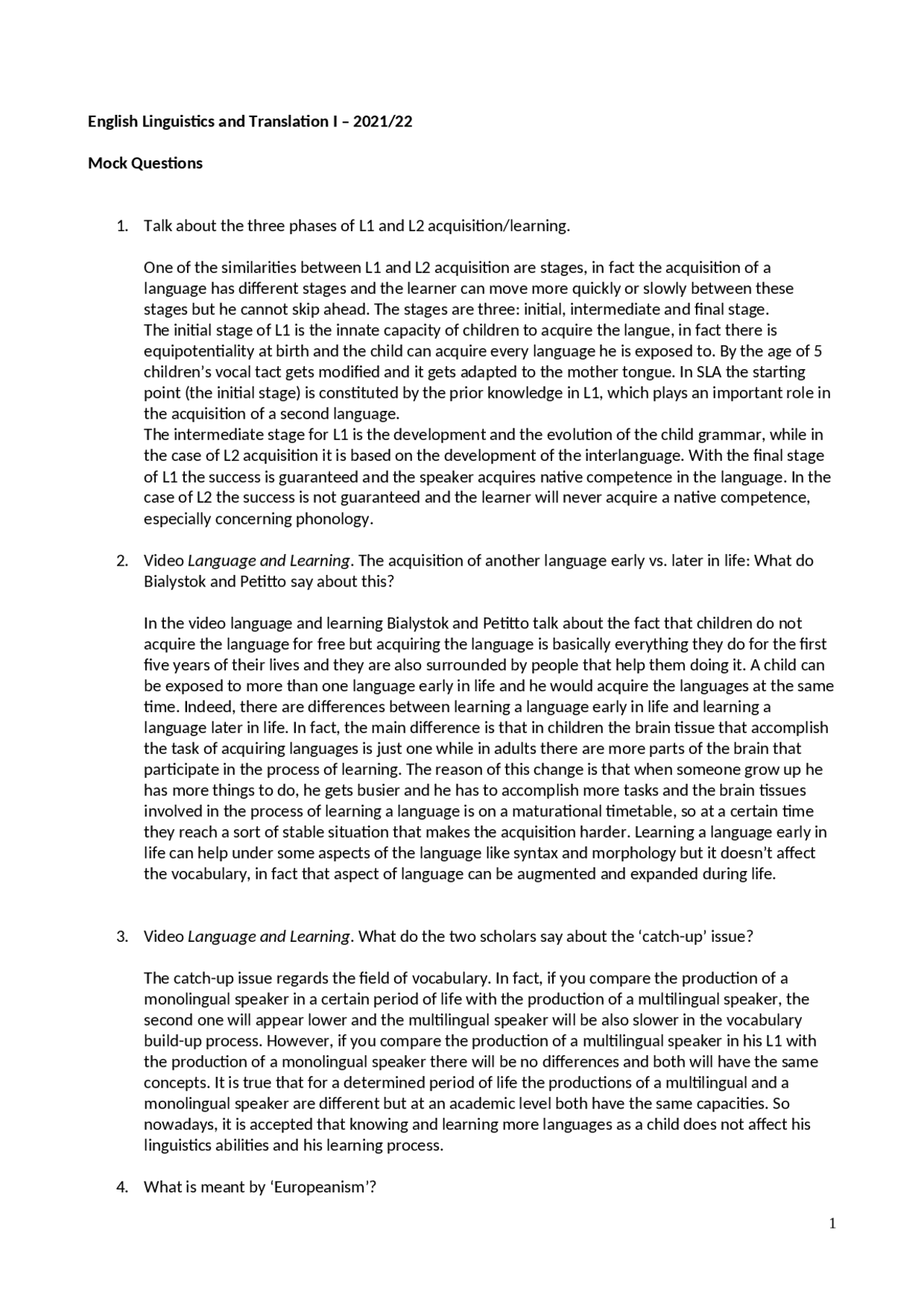 Mock questions English Linguistics and Translation I - Docsity