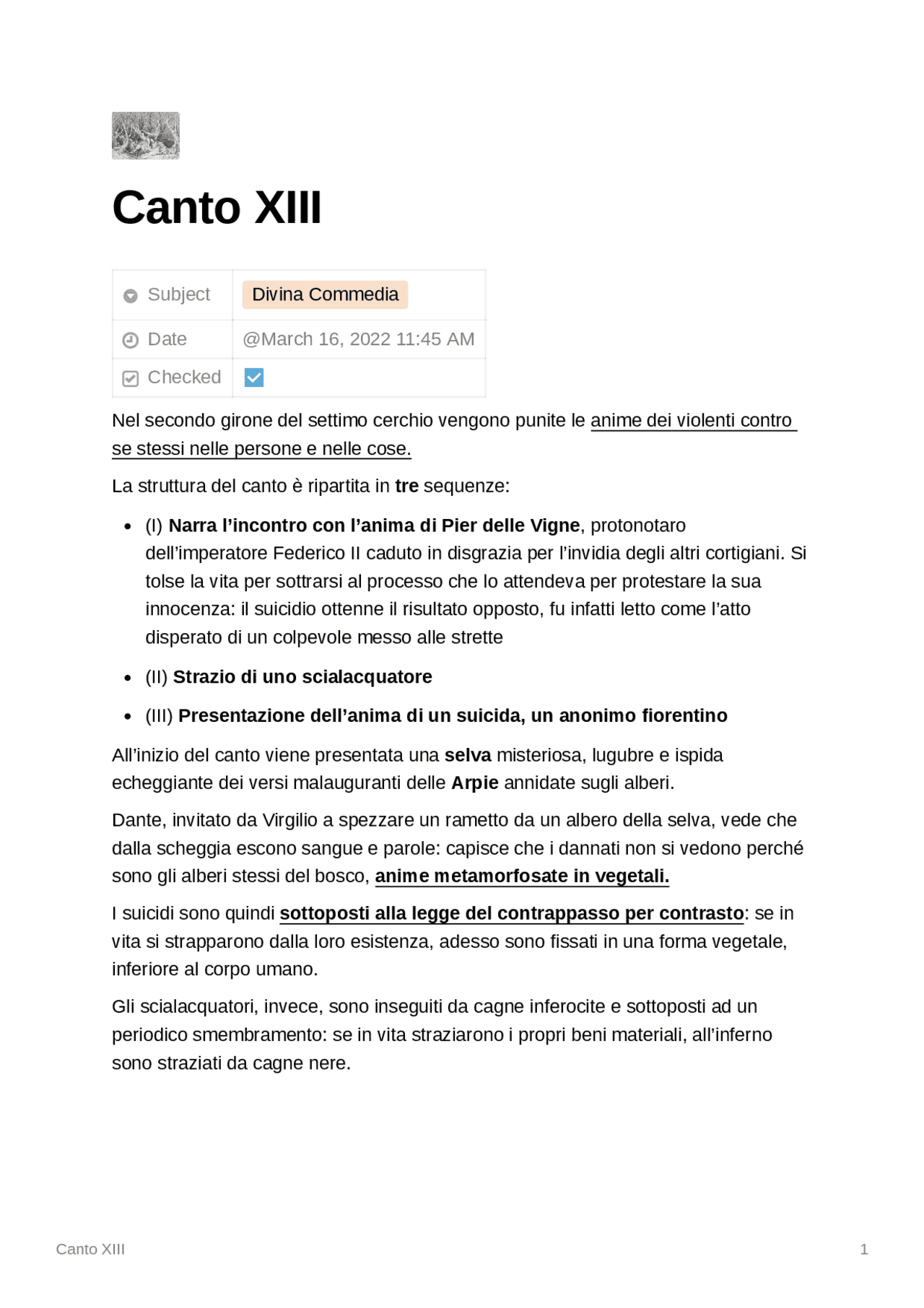 Canto 13 Divina Commedia (Inferno) - Docsity