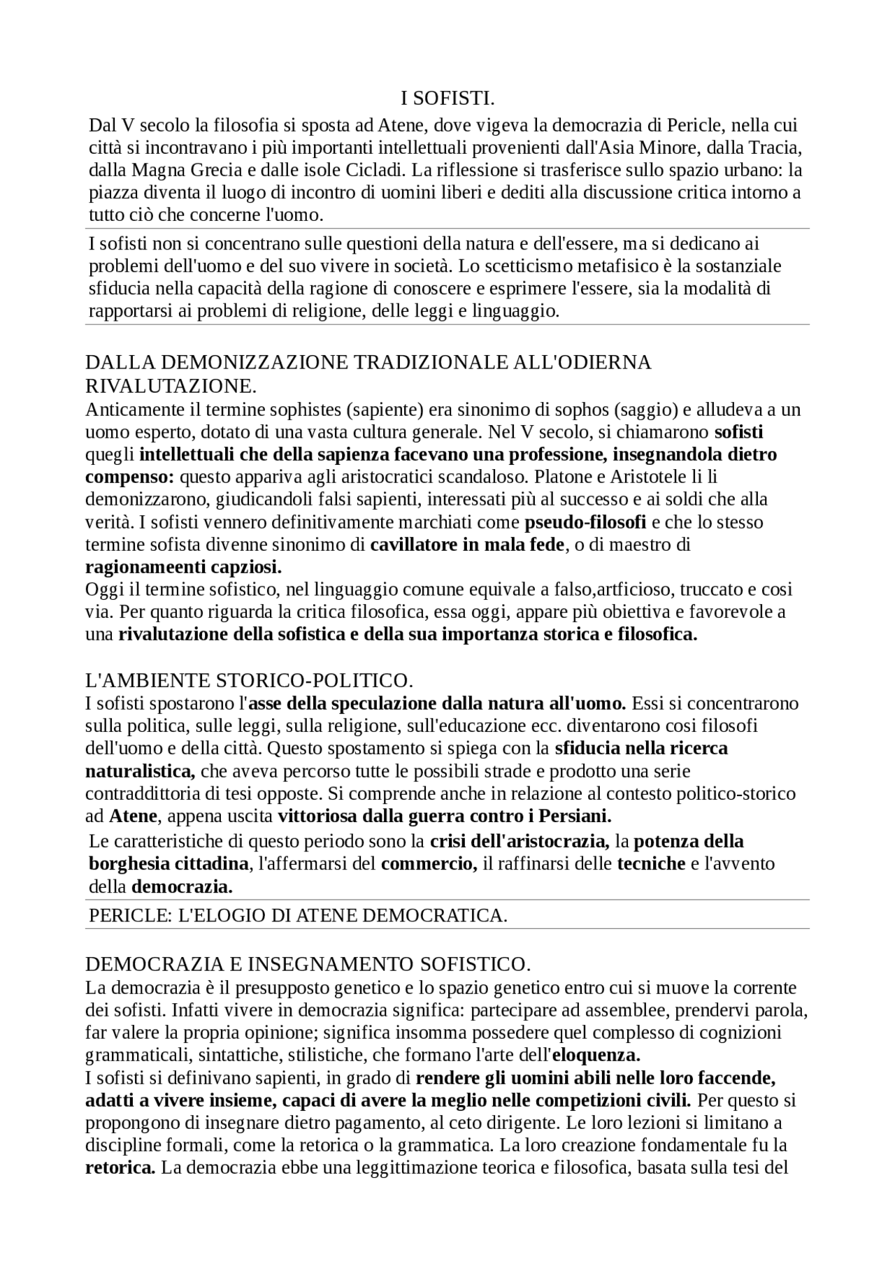 I SOFISTI - STORIA E PENSIERI DELLA FILOSOFIA - Docsity