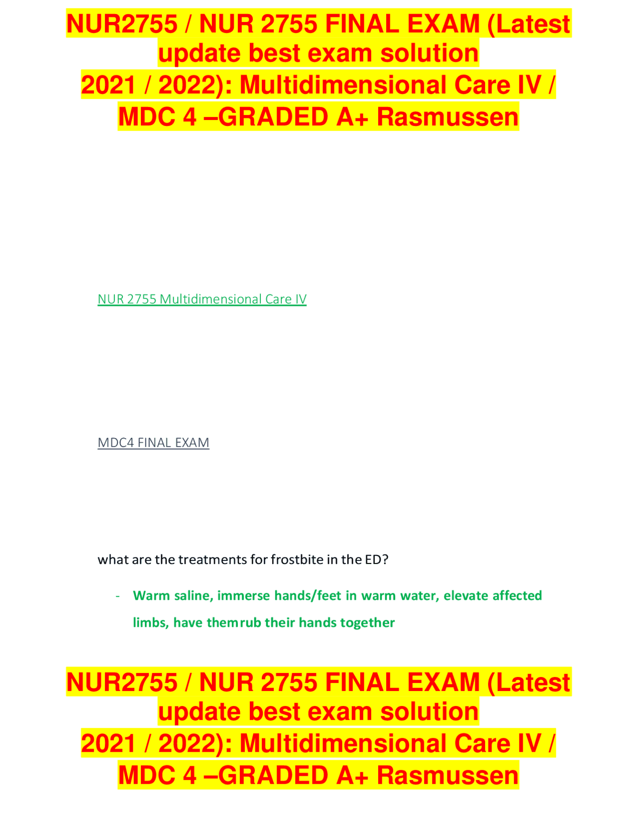 NUR2755 / NUR 2755 FINAL EXAM (Latest update best exam solution 2021 / ...