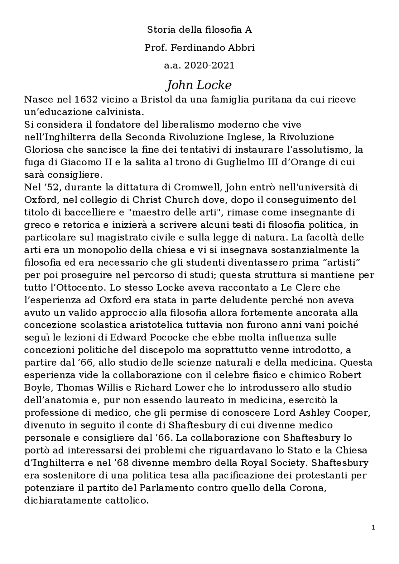 John Locke: Lettera sulla tolleranza - Docsity