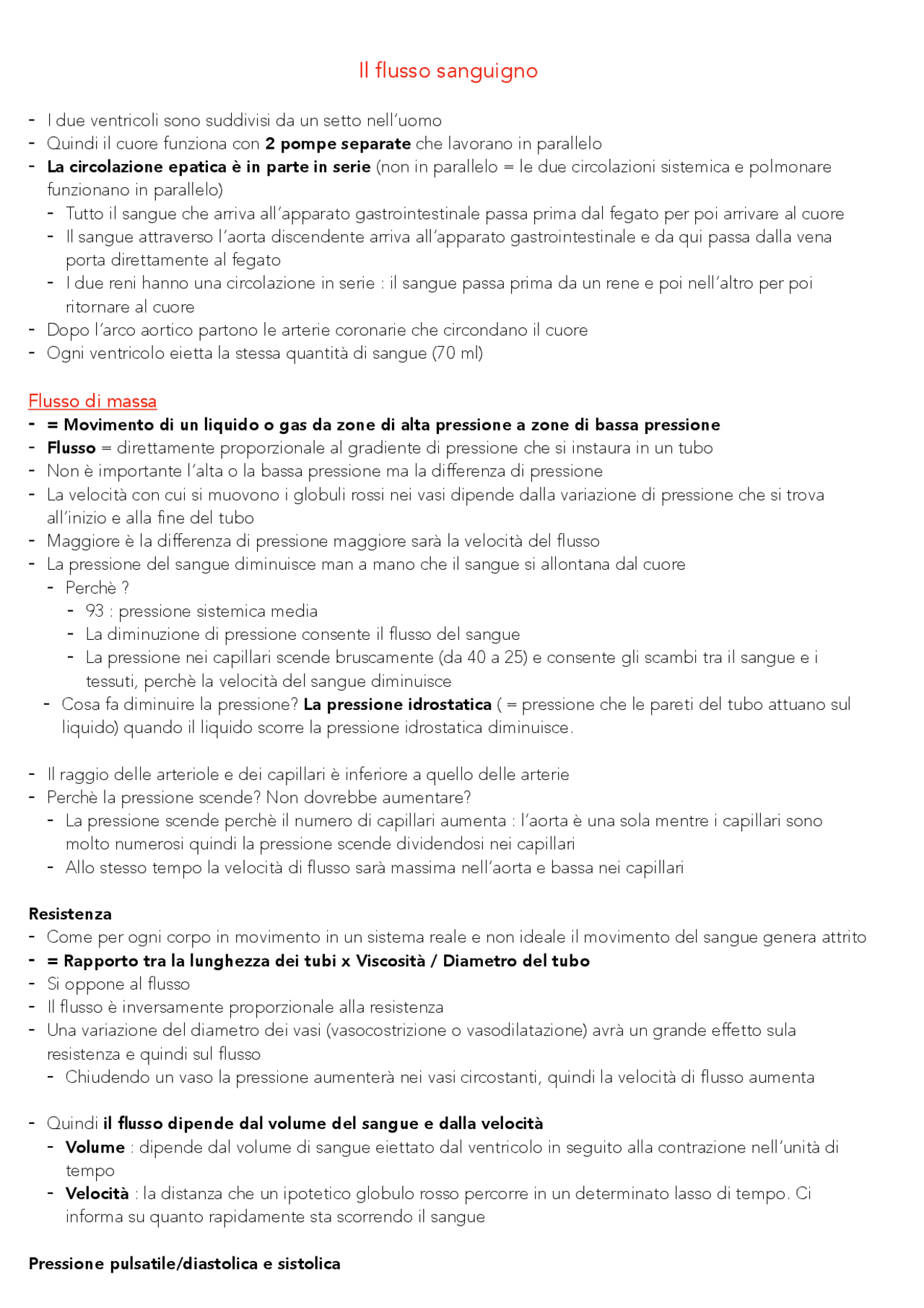 Il flusso sanguigno: funzione e struttura - Docsity