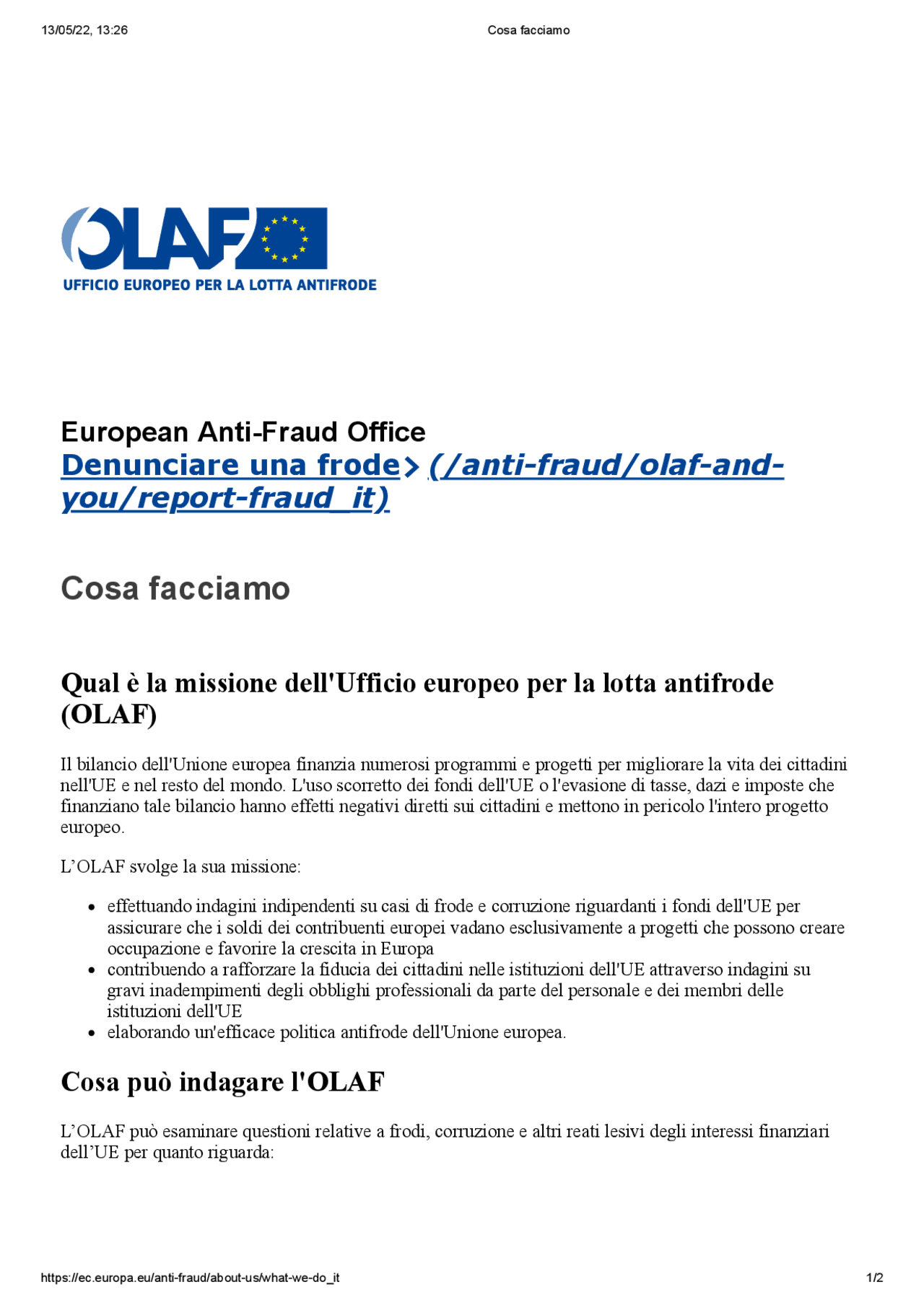 OLAF European Anti-Fraud Office Denunciare una frode - Docsity