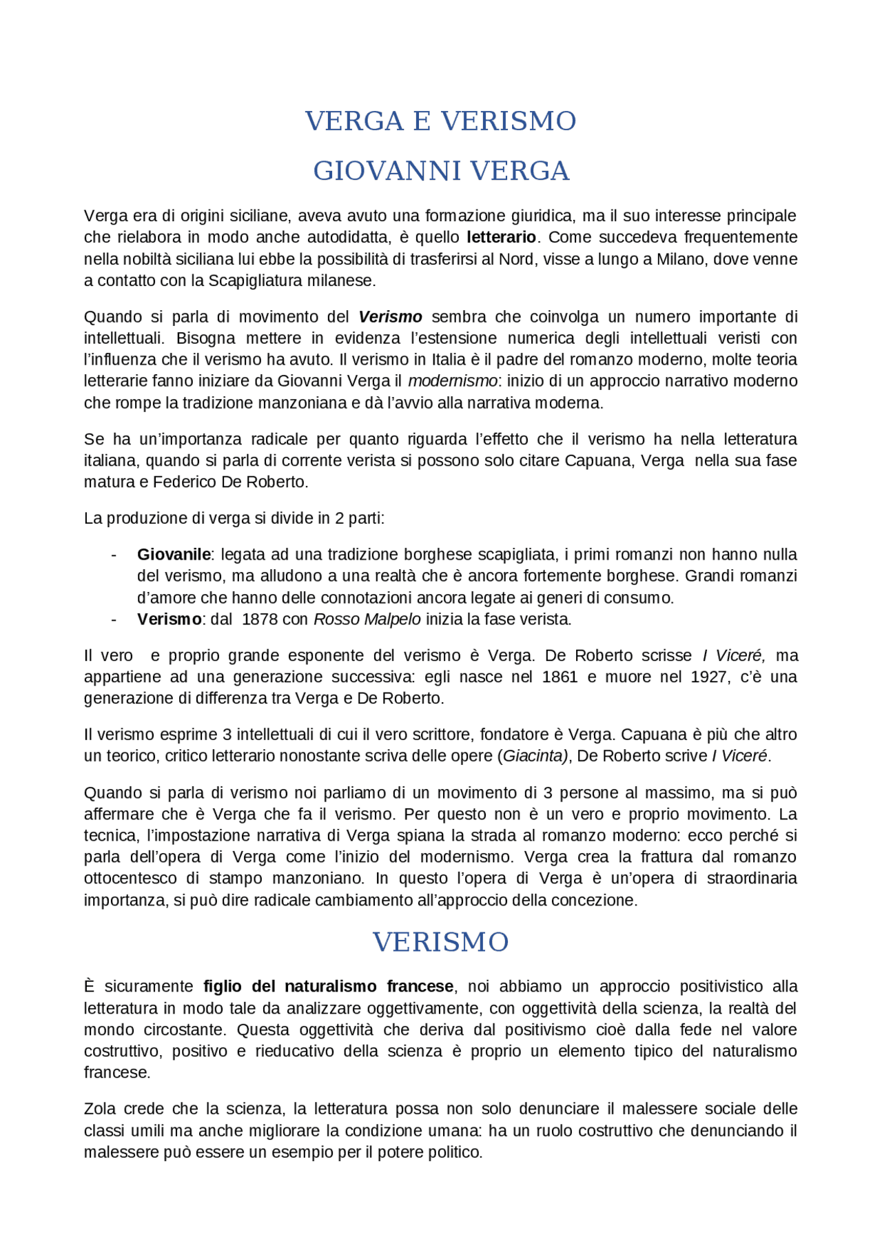 Appunti di letteratura italiana - verismo e Verga | Appunti di Italiano | Docsity