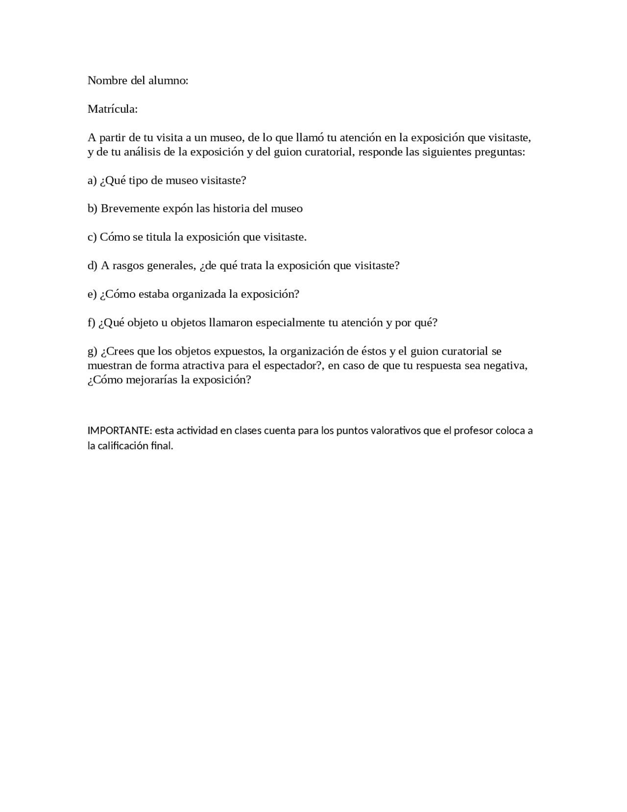 Actividad en clase sobre visita a museo virtual - Docsity