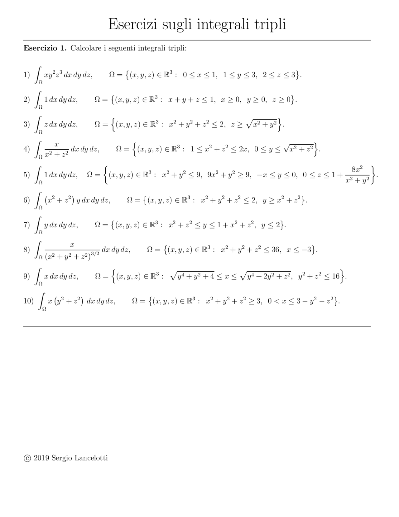 Esercizi integrali tripli | Esercizi di Analisi Matematica II - Docsity