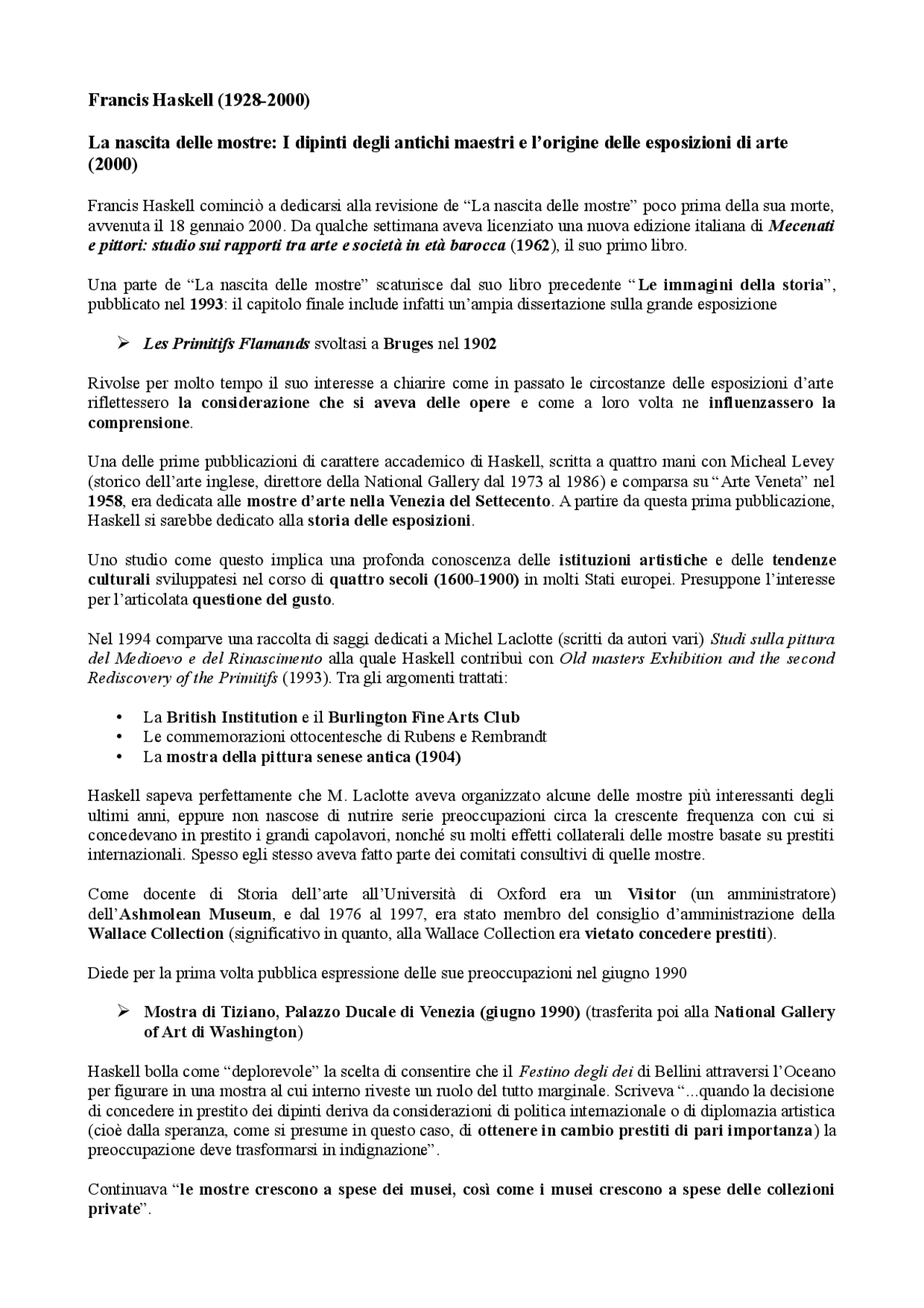 La nascita delle mostre Francis Haskell - Docsity