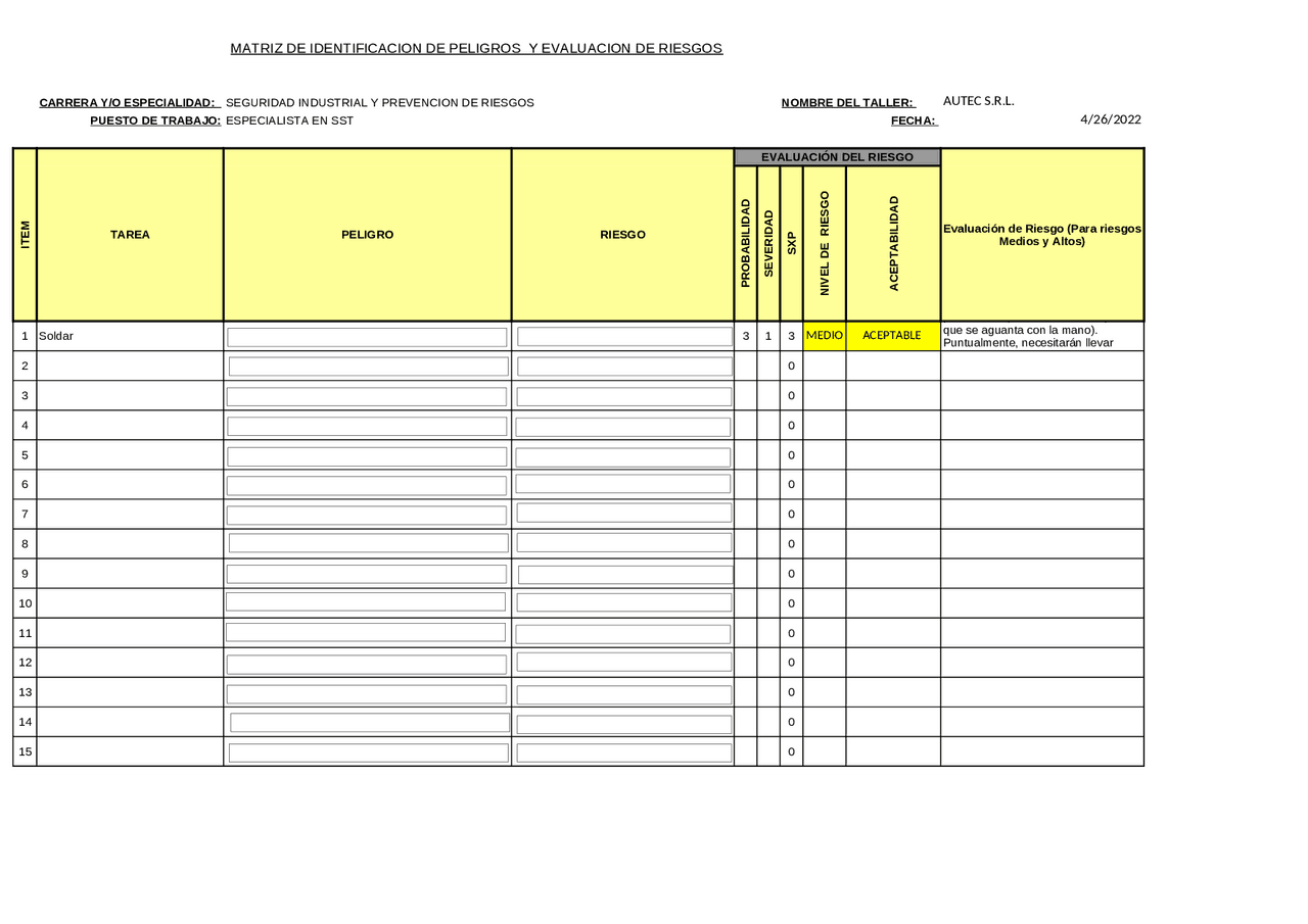 MATRIZ IPER-C FORMATO EN EXCEL | Ejercicios de Seguridad en el Lugar de Trabajo | Docsity