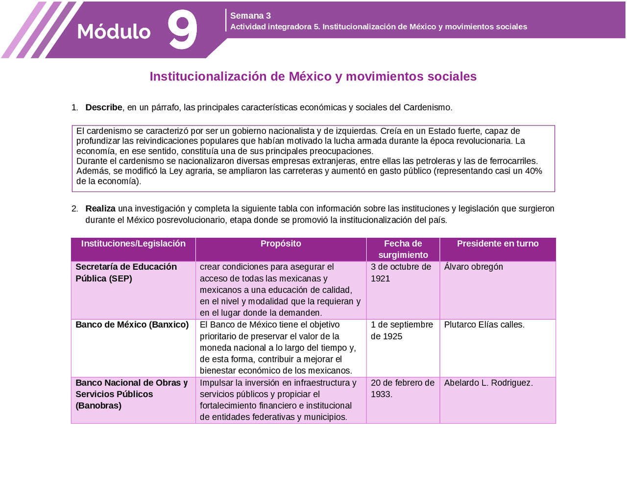 Actividad 5 modulo 9 prepa en linea sep | Ejercicios de Historia | Docsity