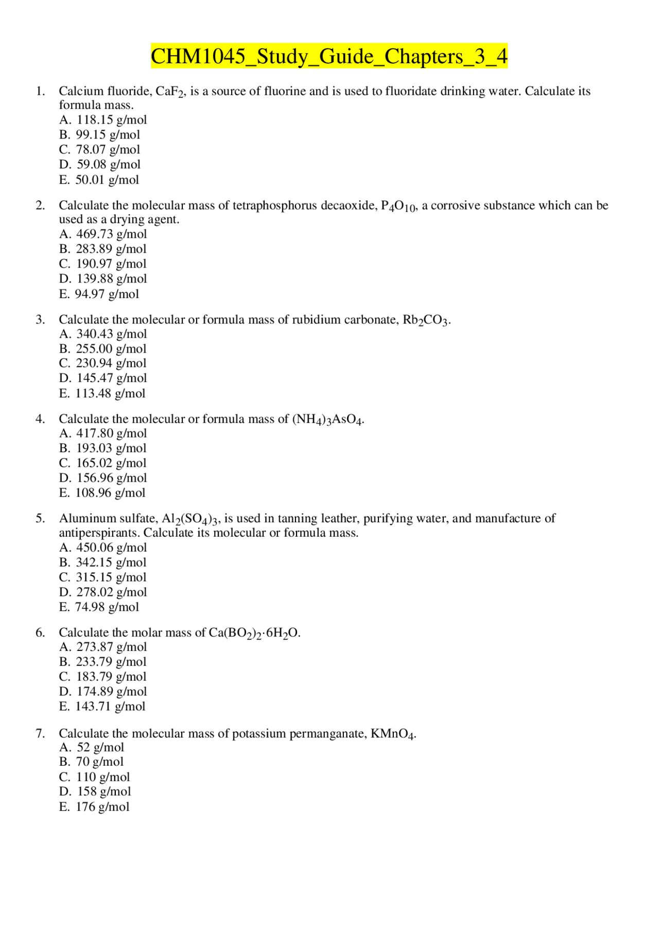 CHM1045_Study_Guide_Chapters_3_4 | Exams Nursing | Docsity