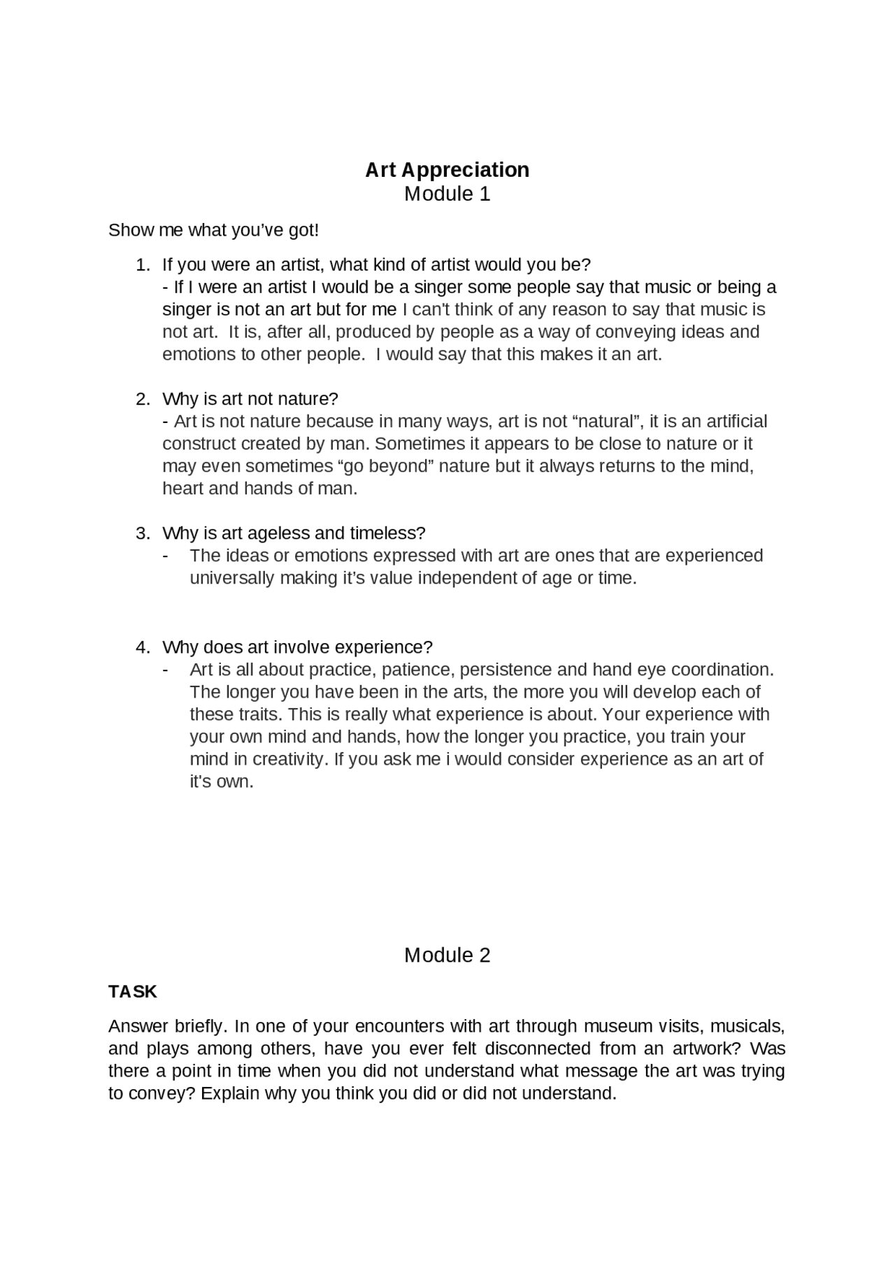 Art Appreciation Answers From Module One To Module 11 Docsity