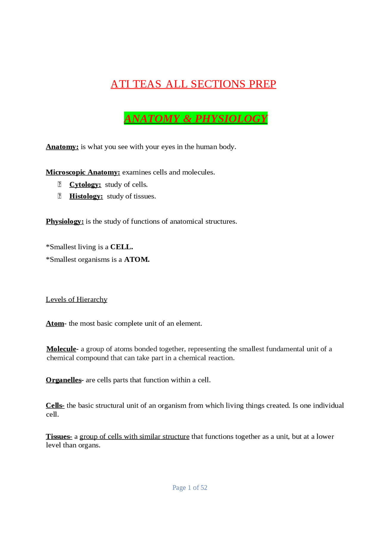 Summarize science portion for teas 6., Study notes for Nursing - Docsity
