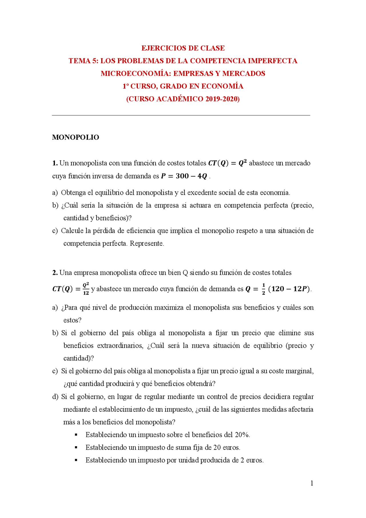 Ejercicios Microeconomia Tema 5 Ejercicios De Microeconomía Docsity