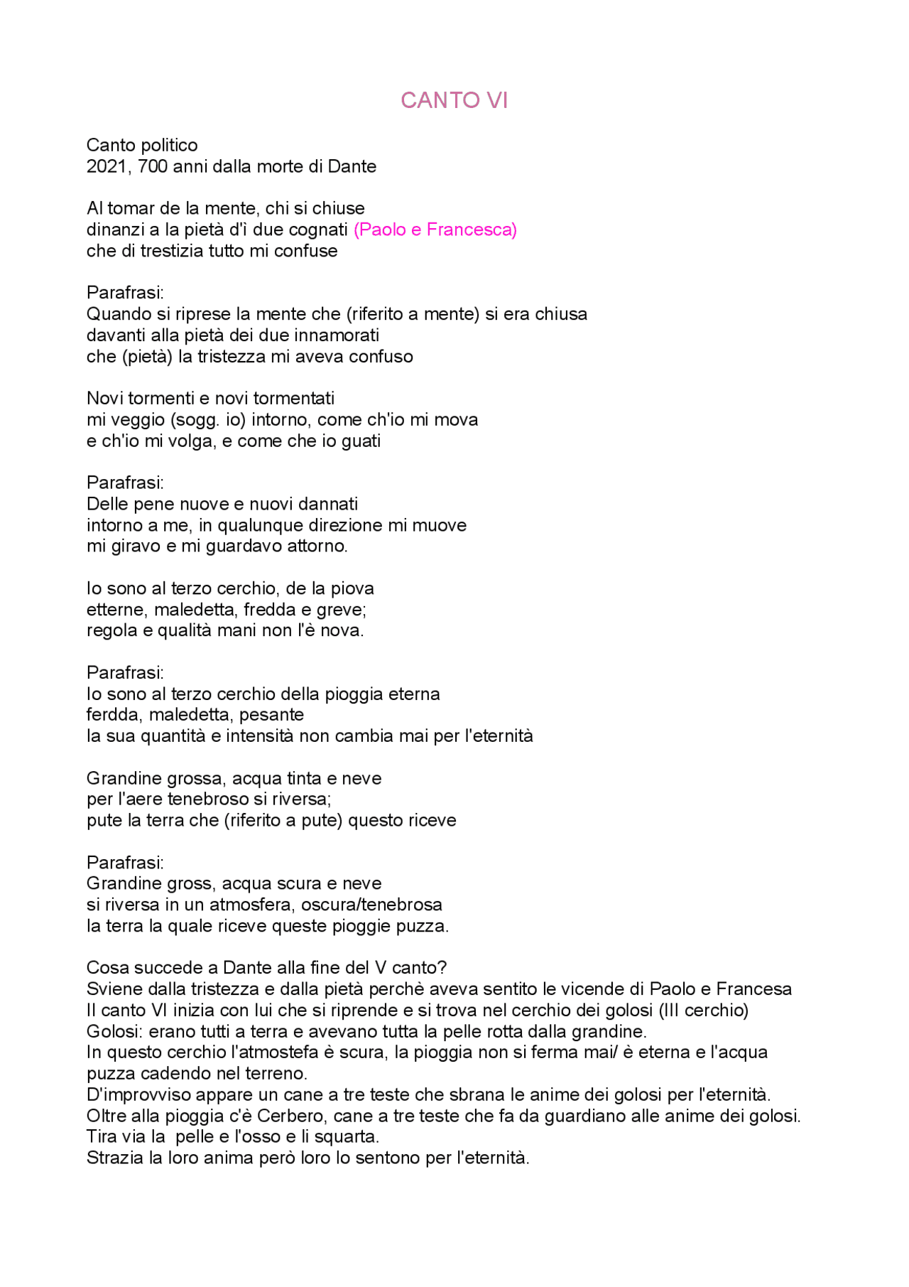 Canto VI - Divina commedia - Docsity