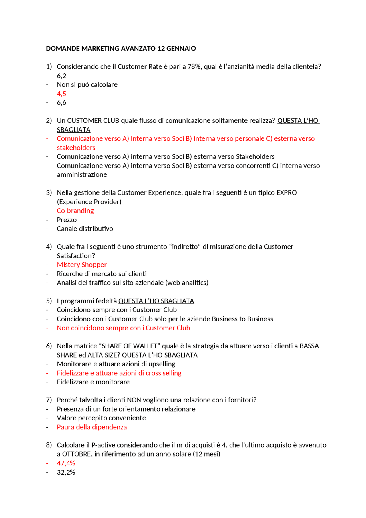 Prova Desame Marketing Avanzato Docsity