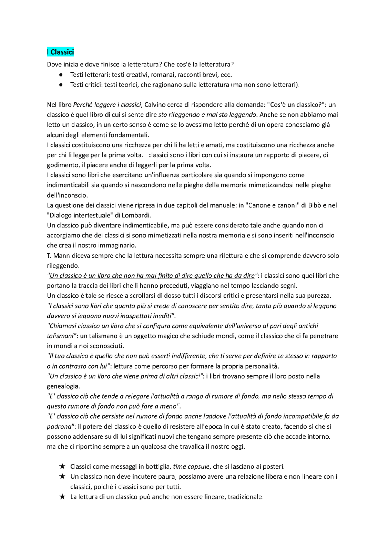 I Classici Appunti Di Letteratura Docsity