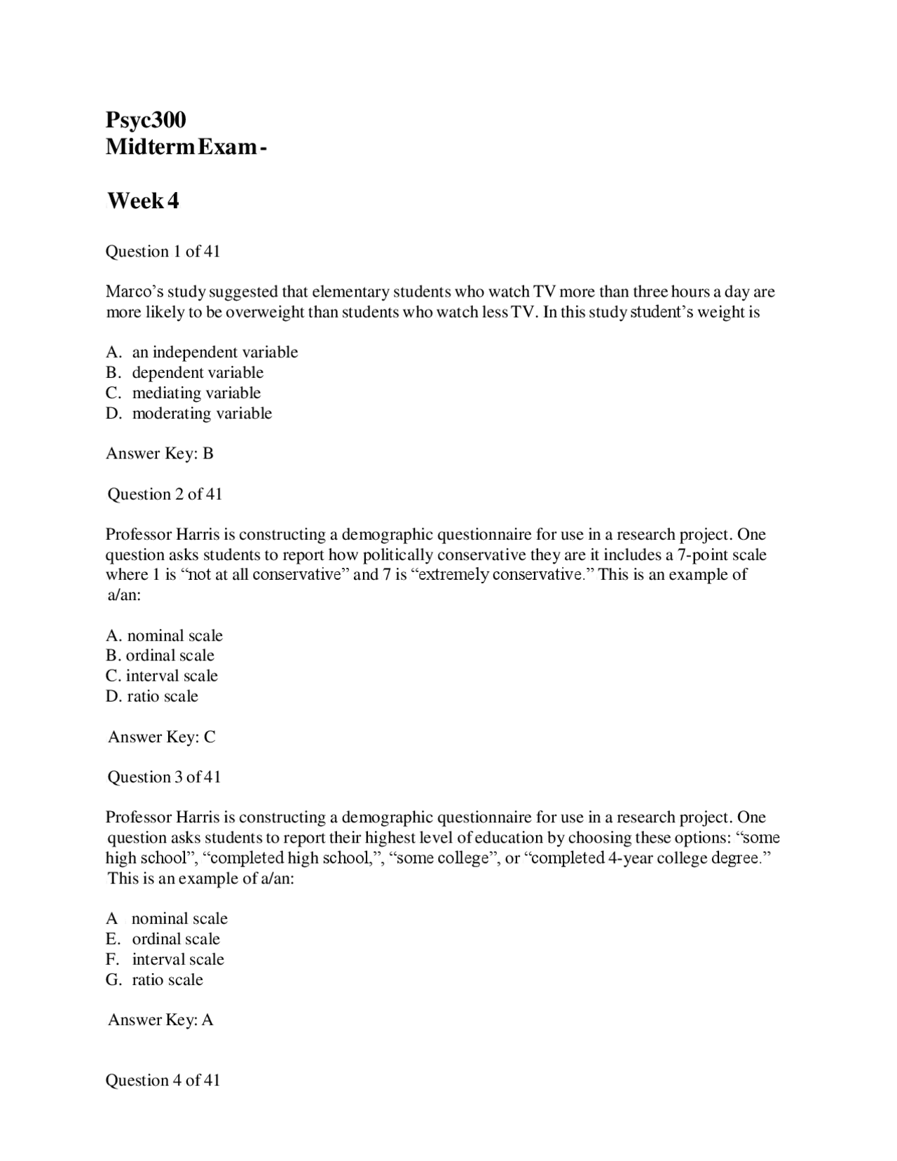 Psyc 300 midterm Exam week 4.Questions and Answers - Docsity