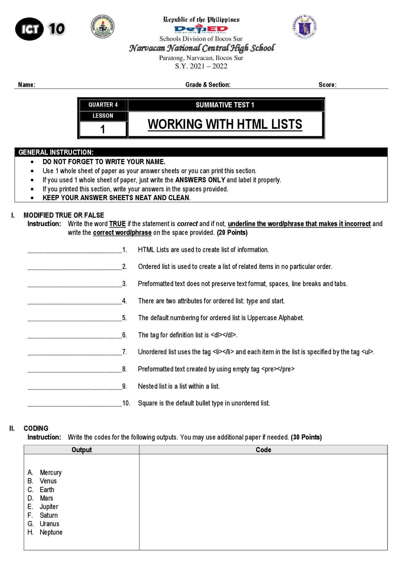 ICT Summative Test Quarter 4 | Exercises English | Docsity