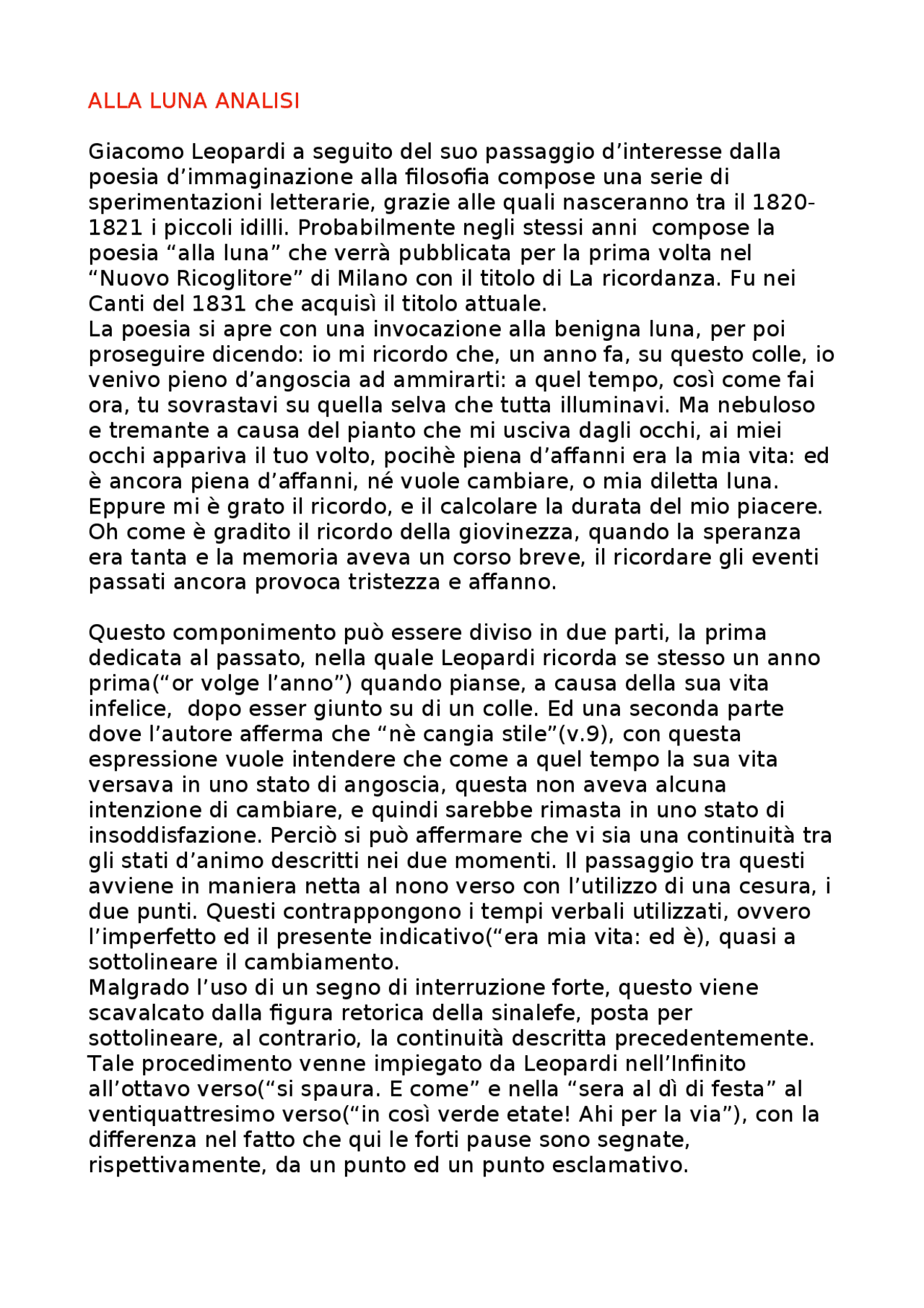 Analisi del testo della poesia "alla luna" di Giacomo Leopardi - Docsity