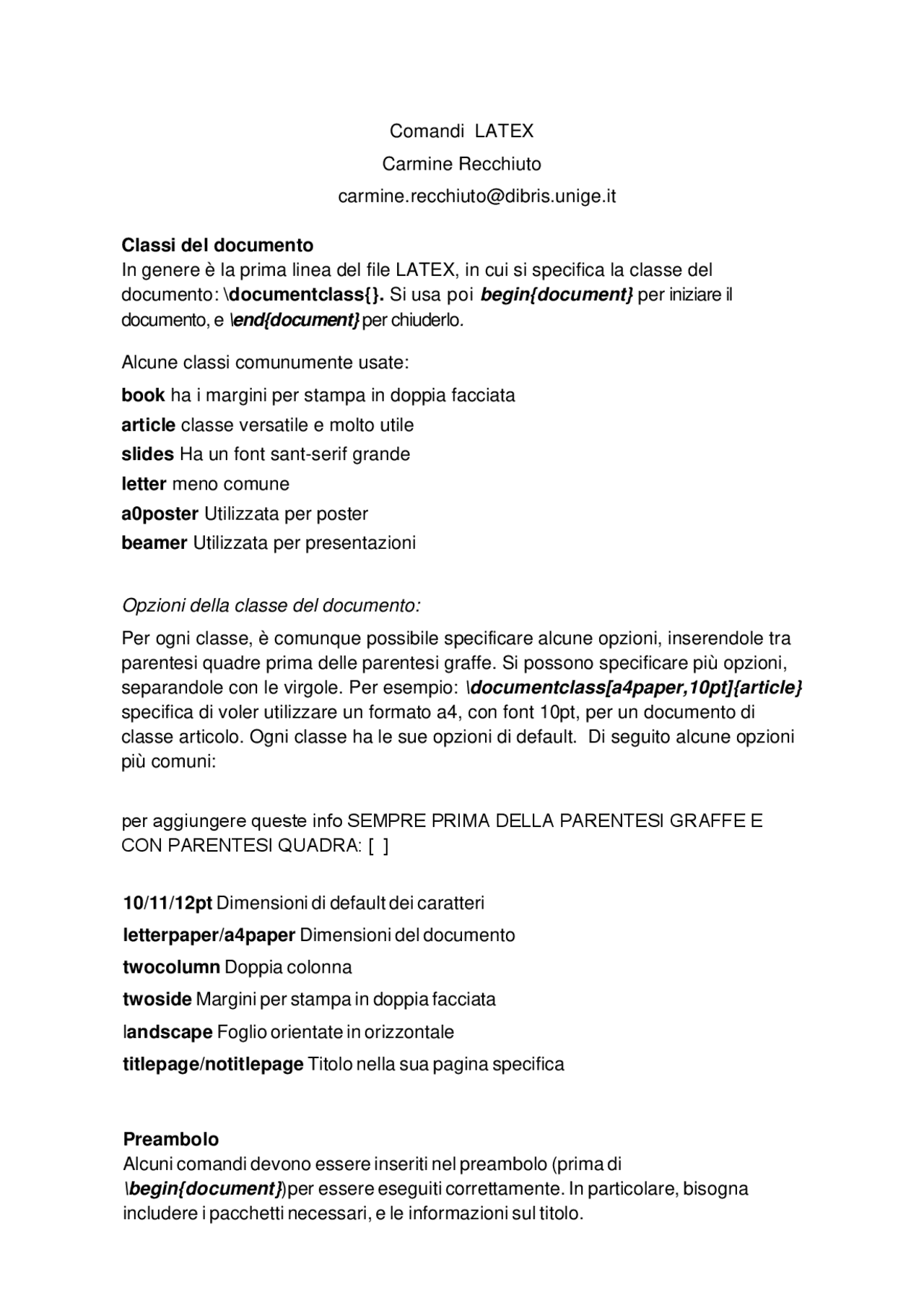 COMANDI LATEX, comandi per programmare - Docsity