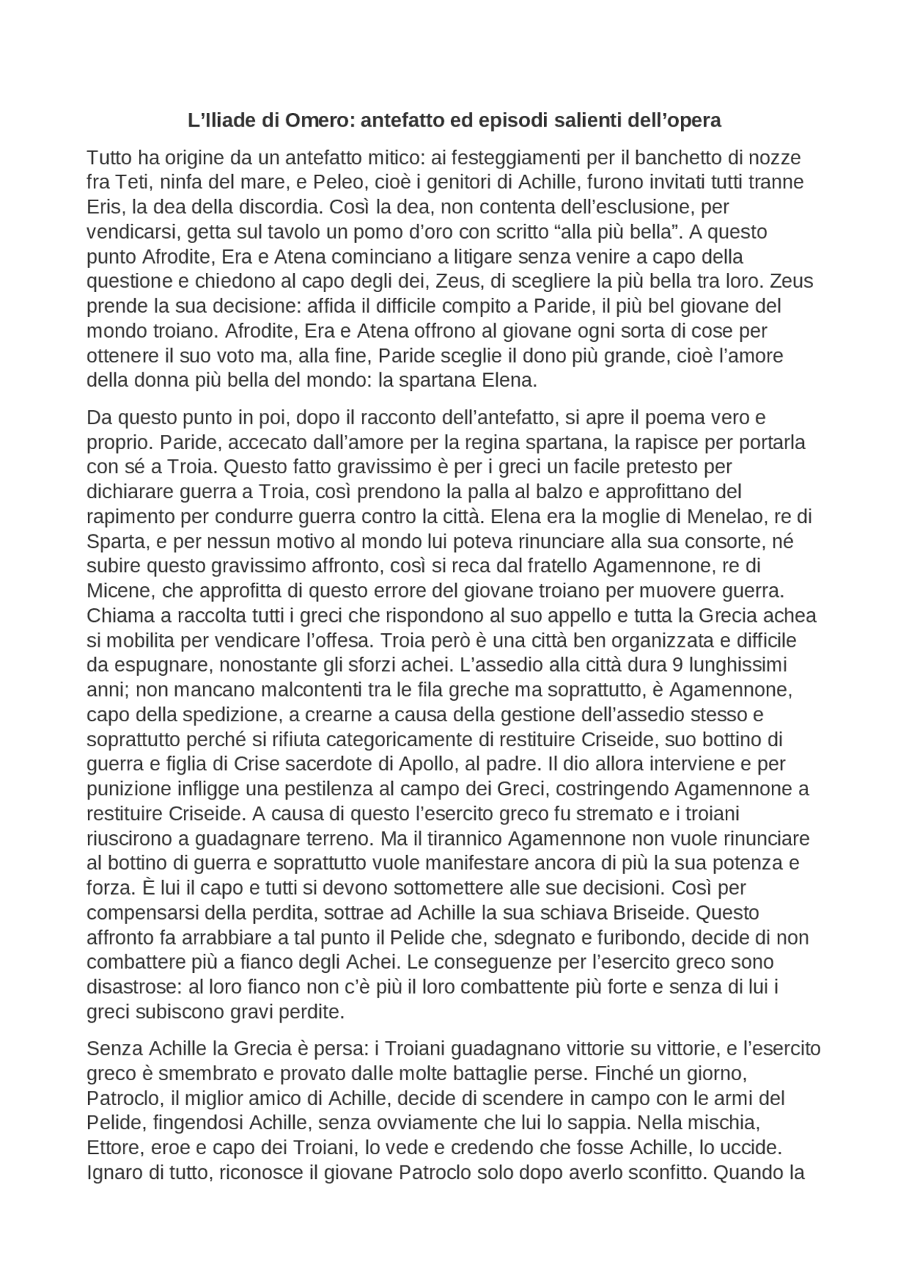 Liliade Di Omero Episodi E Avventimenti Importanti Docsity