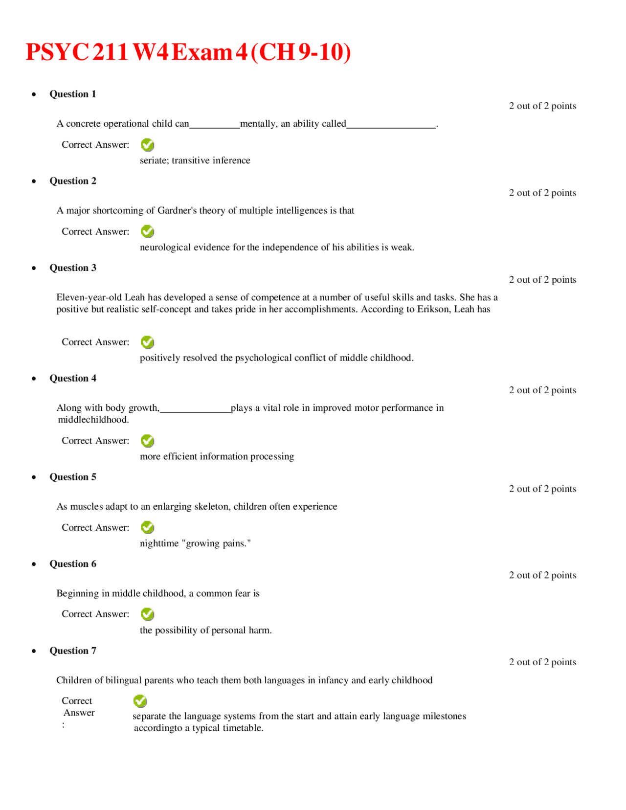 Psyc 211 W4 Exam 4 Ch 9 10questions And Answers Docsity