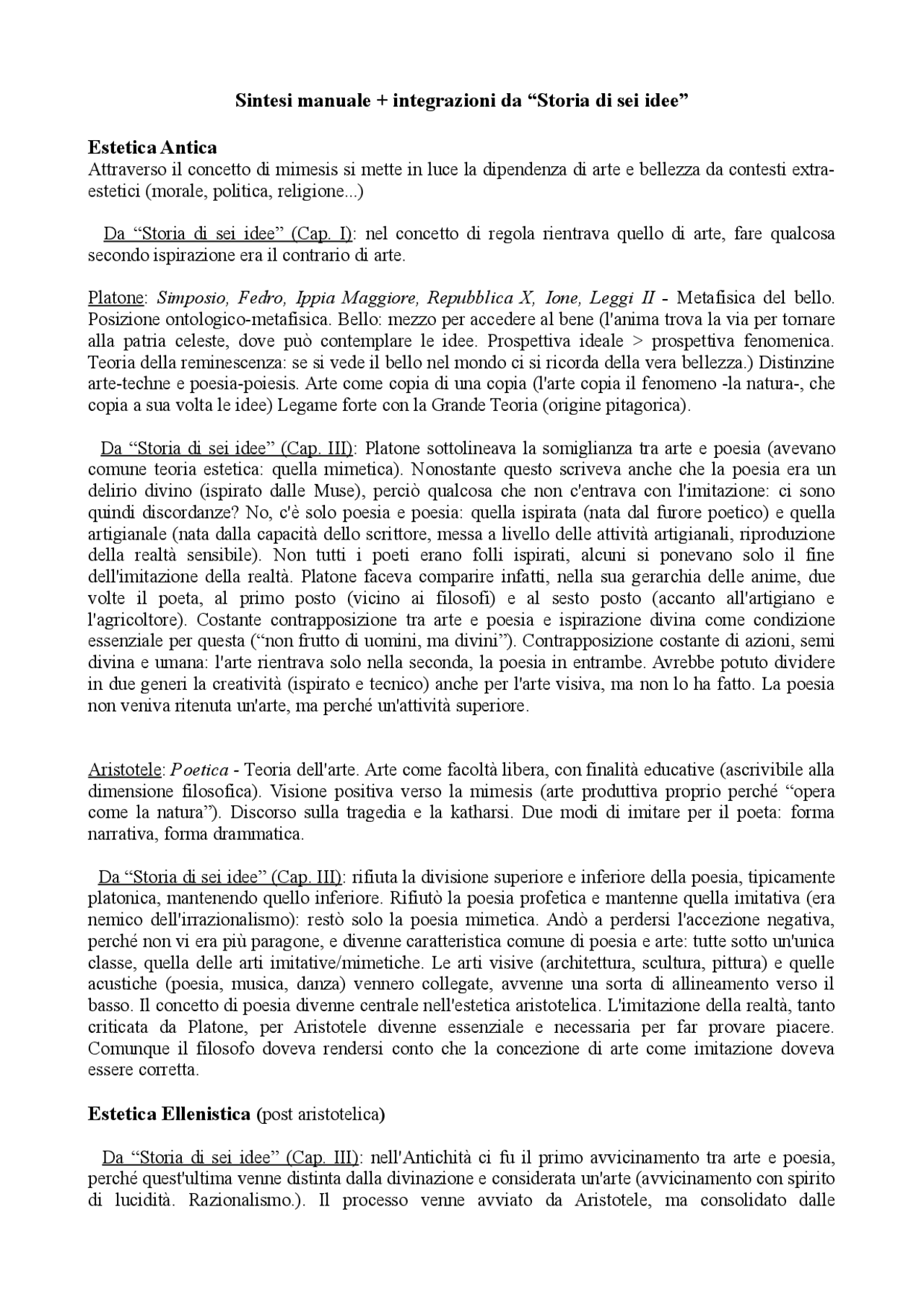 Manuale I Classici Dellestetica E Aggiunte Da Storia Di Sei Idee Docsity