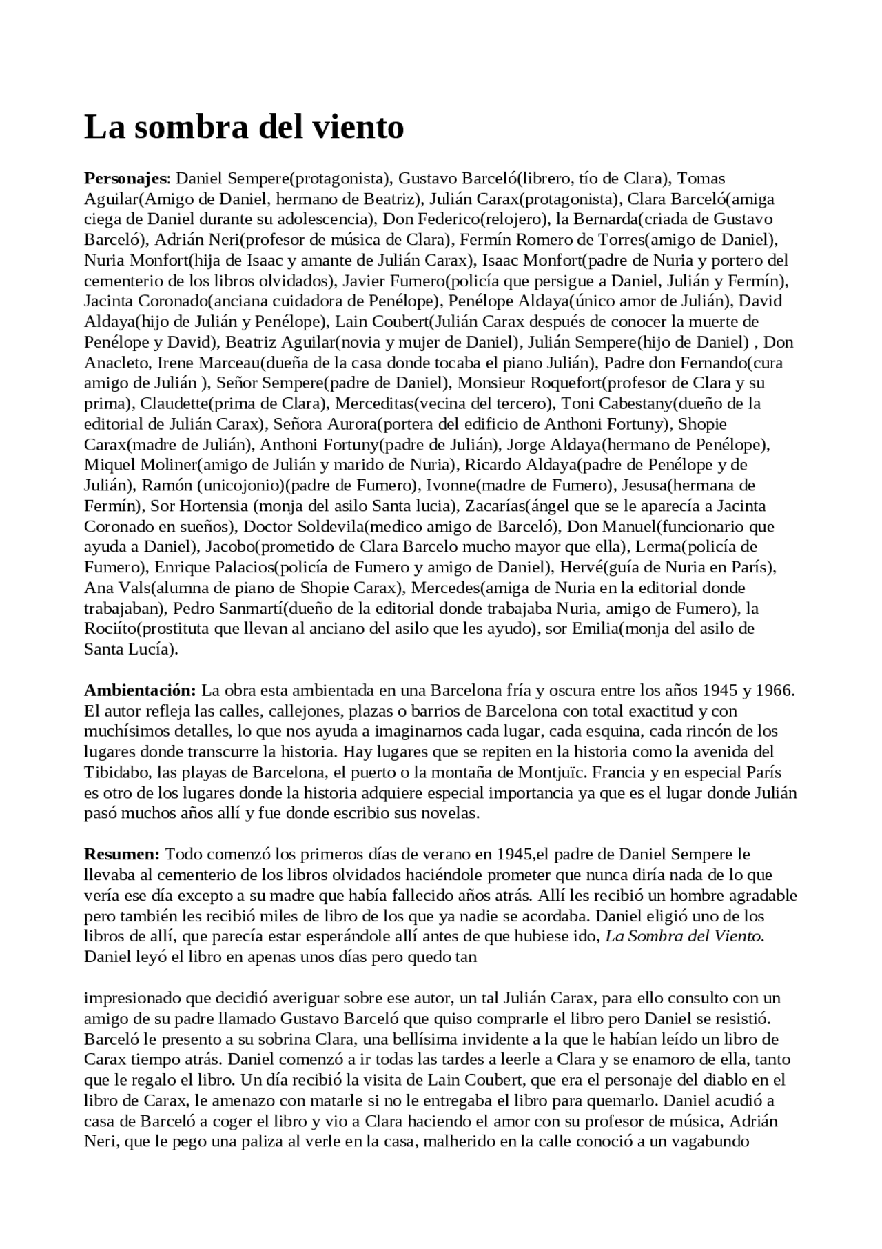 RIASSUNTO LA SOMBRA DEL VIENTO - Docsity