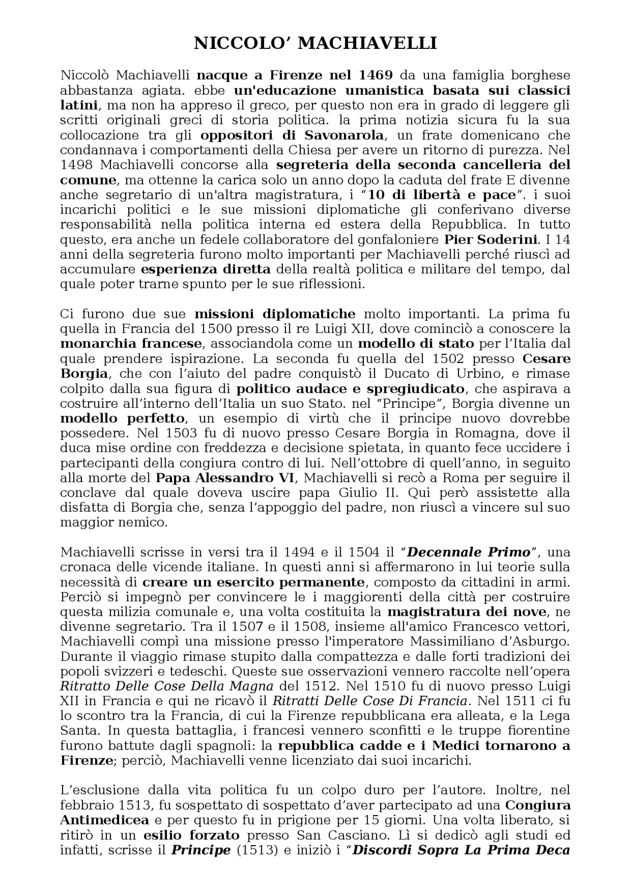 Niccolò Machiavelli: vita e opere - Docsity