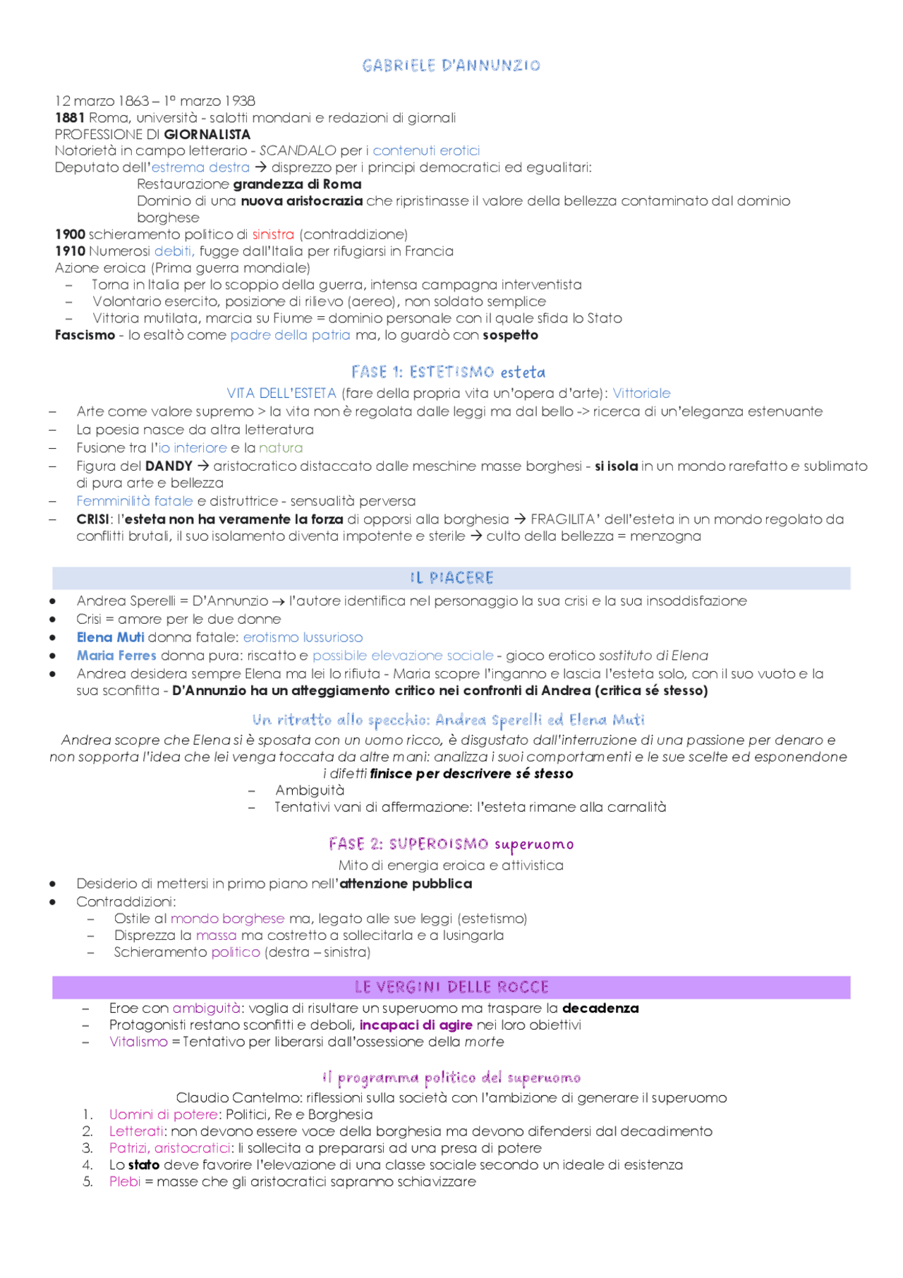 Dannunzio, Pascoli, Svevo e Pirandello - Docsity