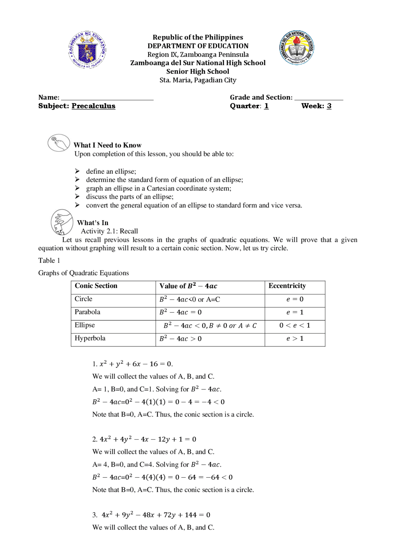 Precalculus Slm Week 3 Ellipse Docsity