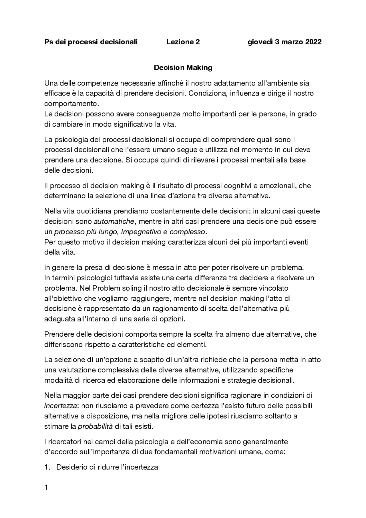 Psicologia Dei Processi Decisionali Dispense Prima Parte Docsity