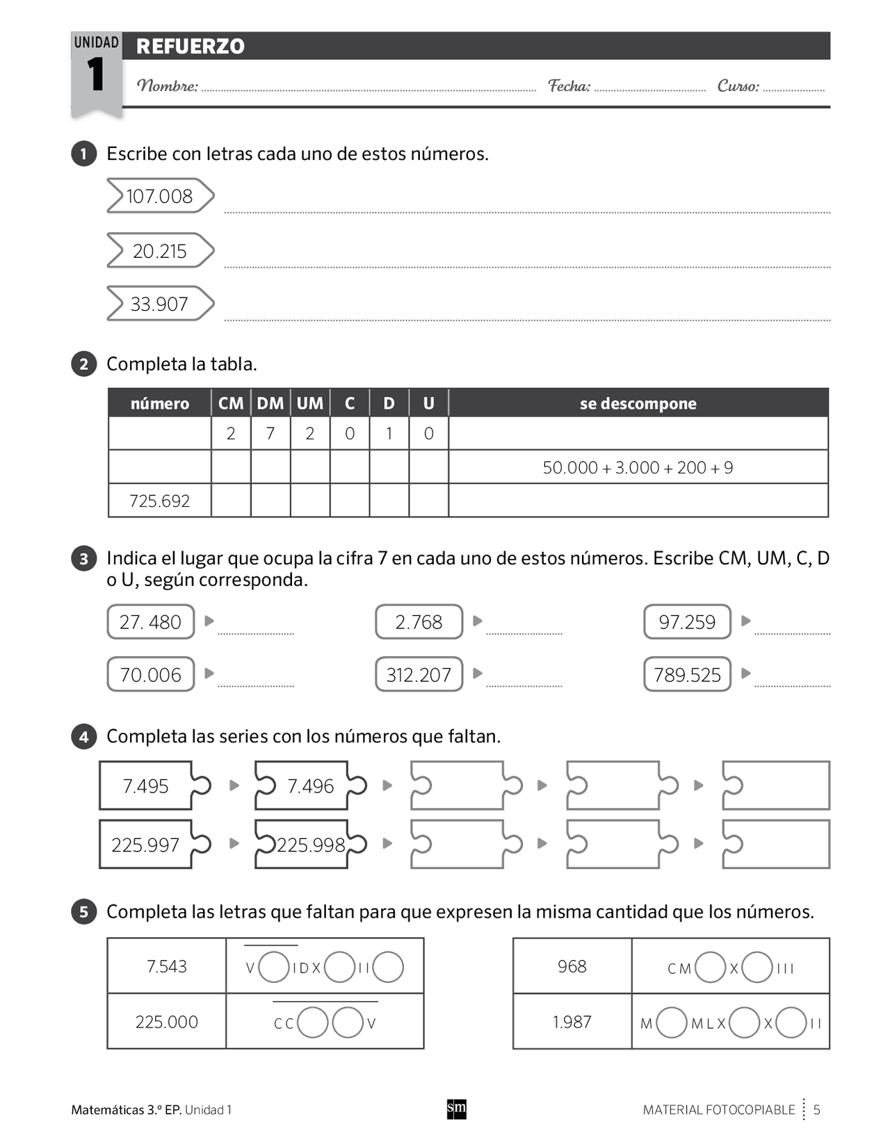 Ejercicios de refuerzo matematicas 3º primaria - Docsity