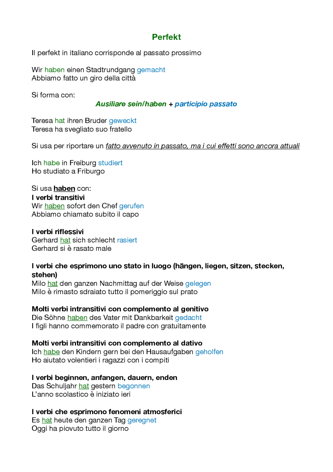 Spiegazione del Perfekt tedesco - Docsity