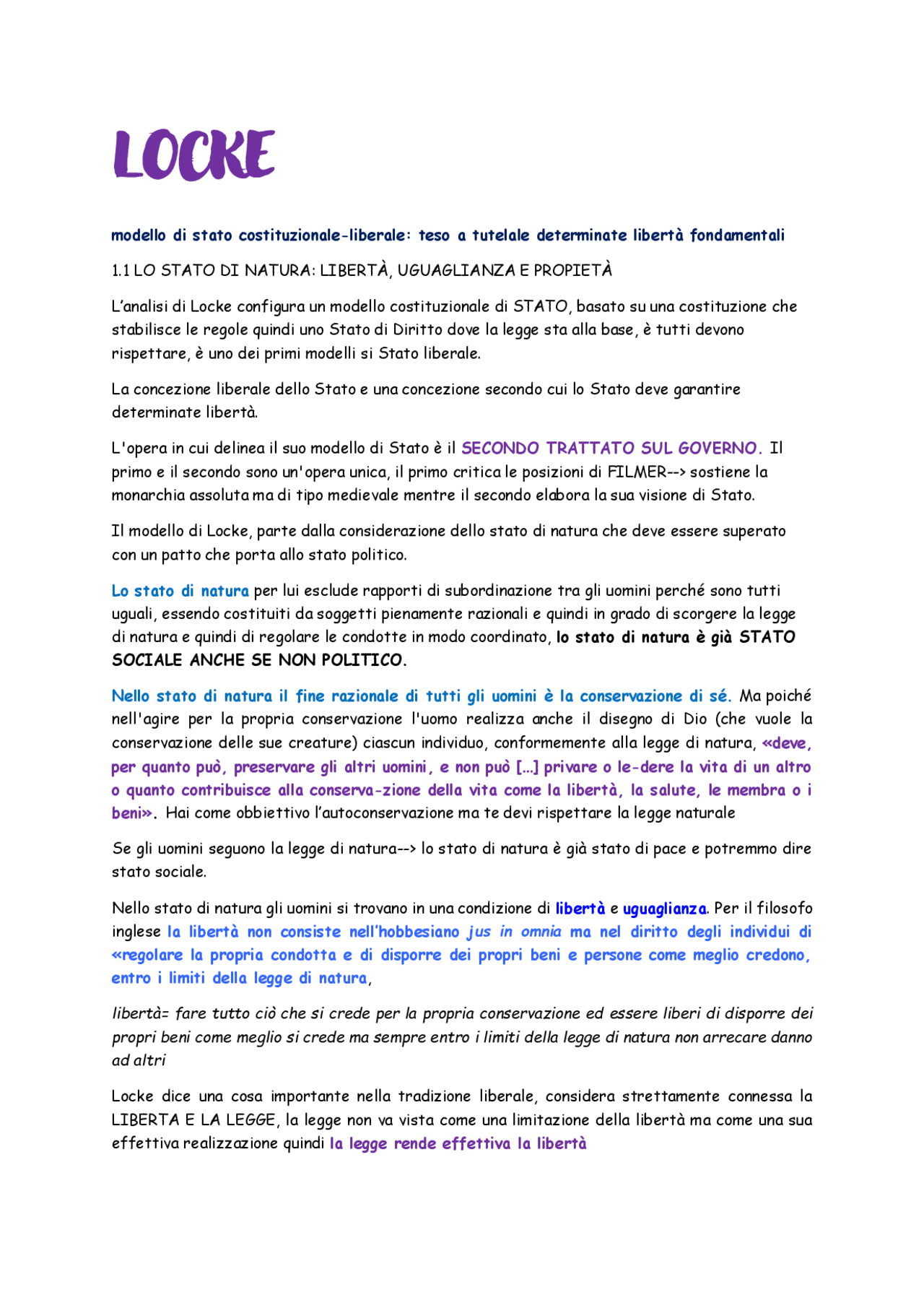 LOCKE SEMPLICE spiegato bene - Docsity