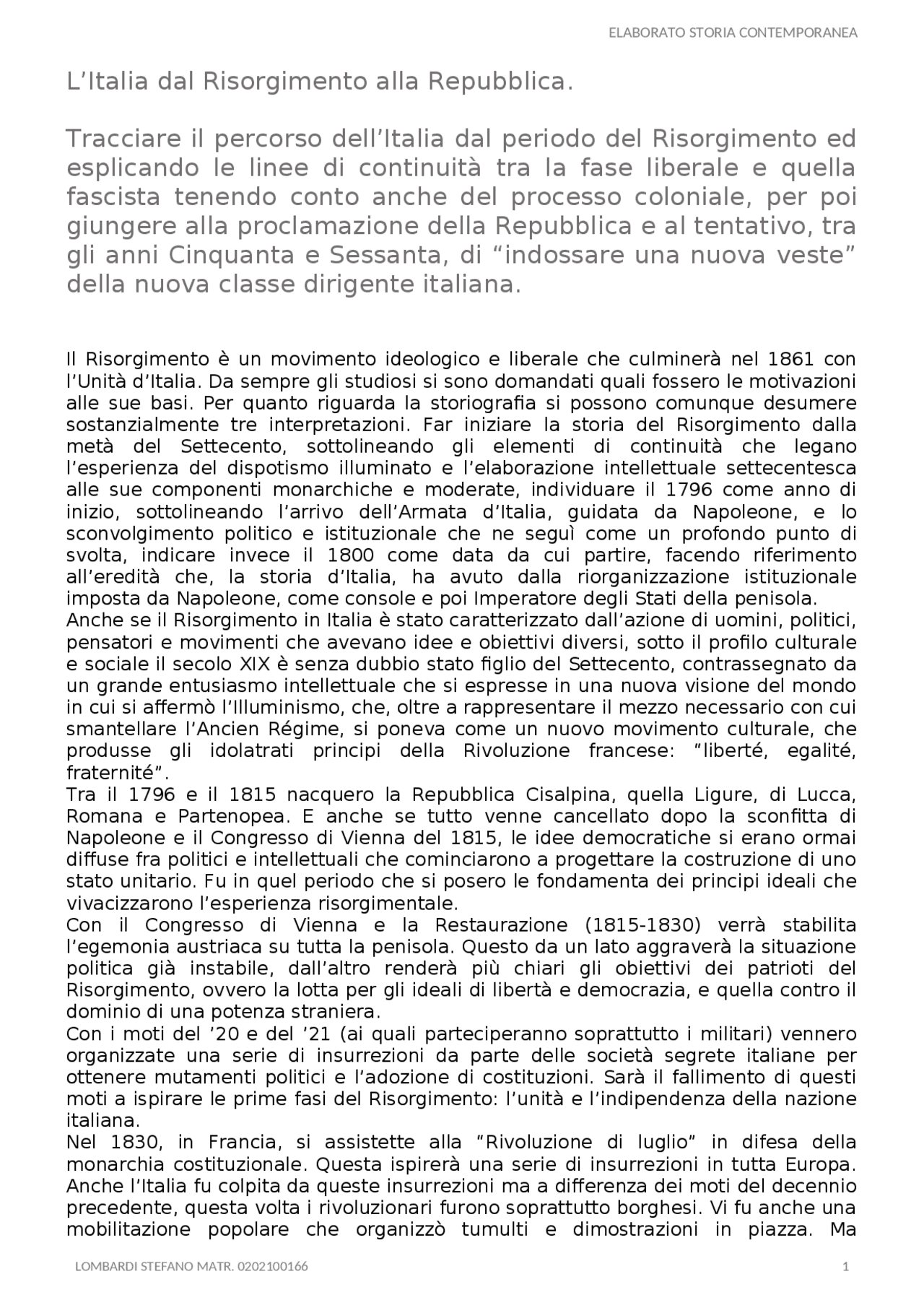 L’Italia dal risorgimento alla Repubblica | Esercizi di Storia Contemporanea | Docsity