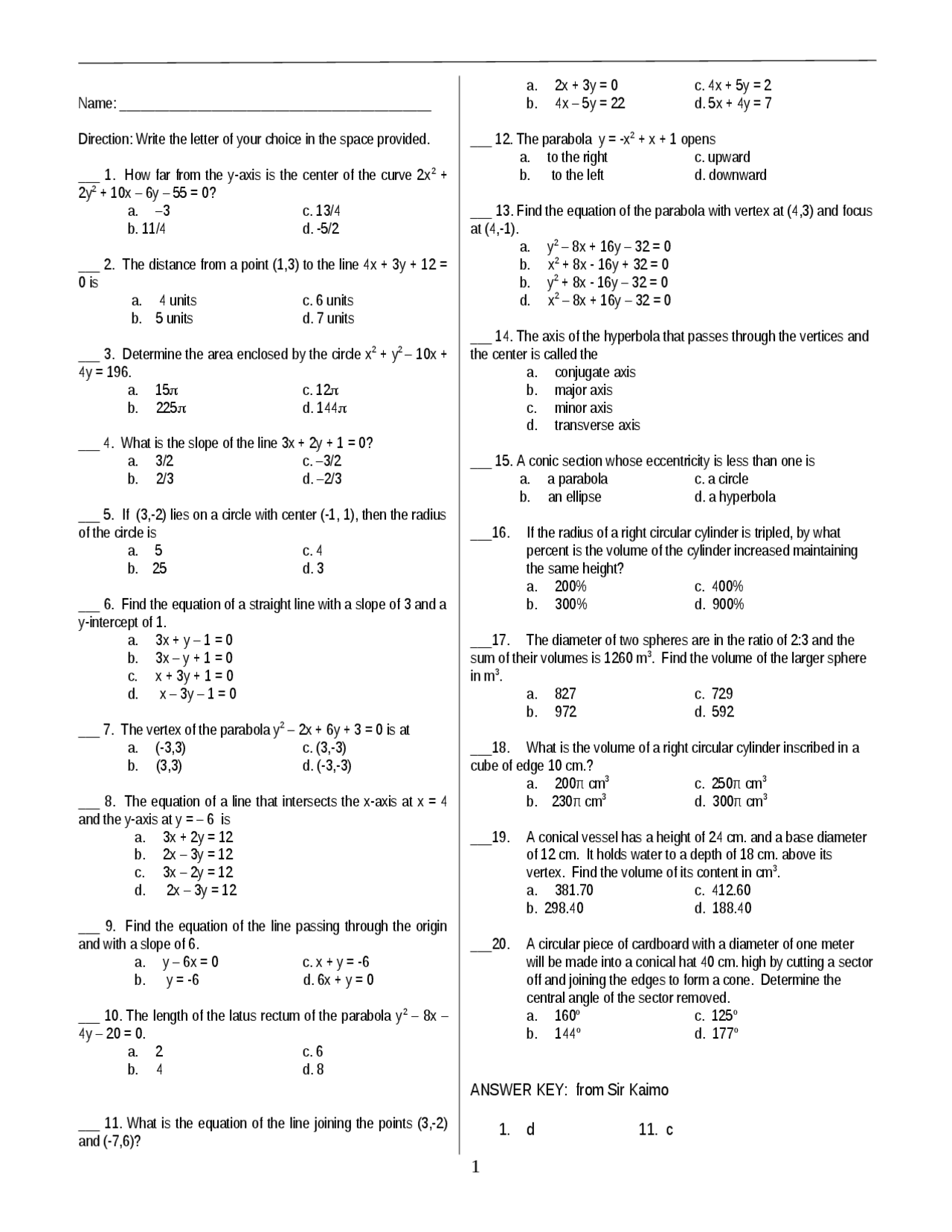 Analytic And Solid Geometry Problems With Answers Docsity