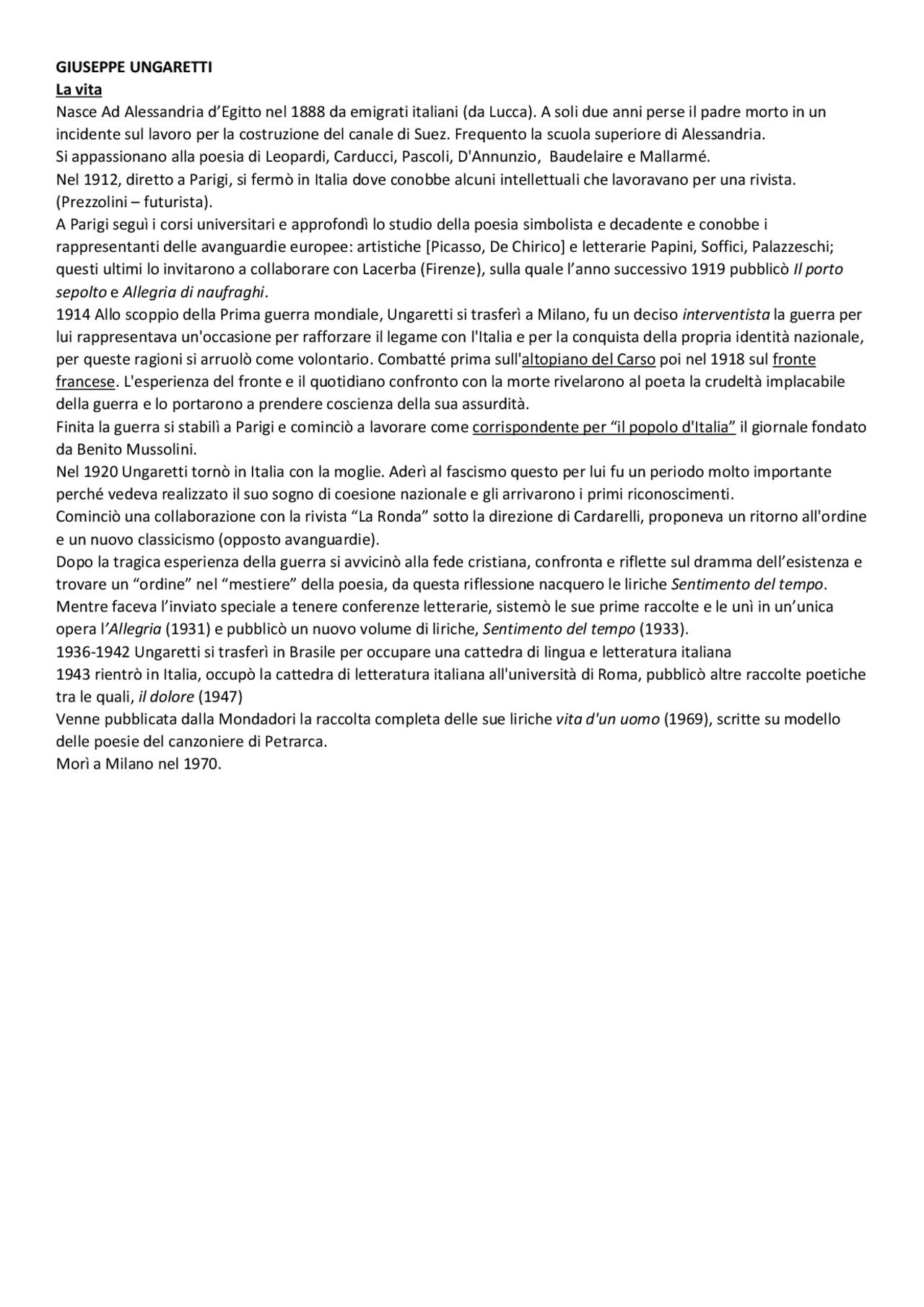 Riassuntone Ungaretti Docsity
