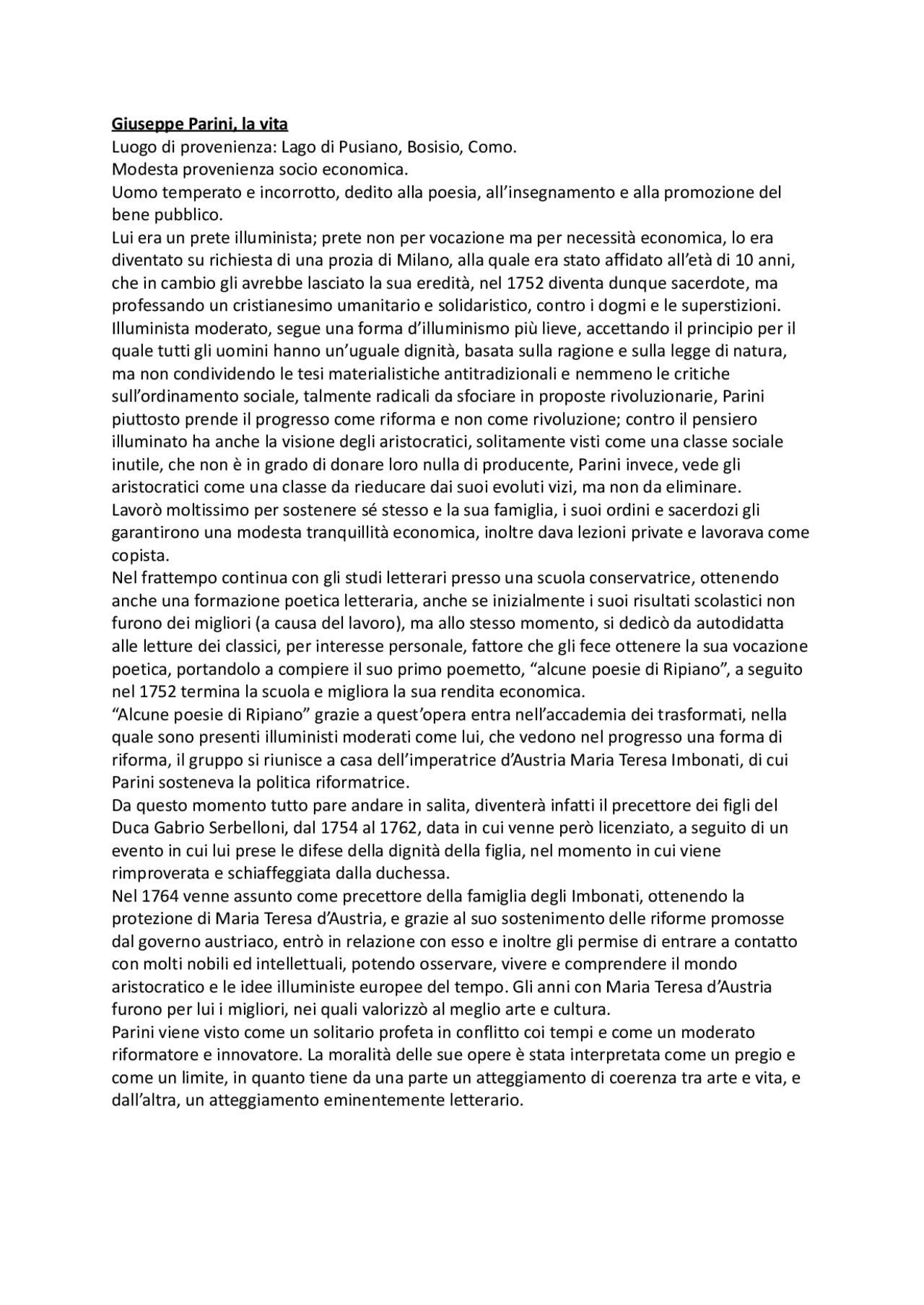 Giuseppe Parini Vita E Opere Docsity