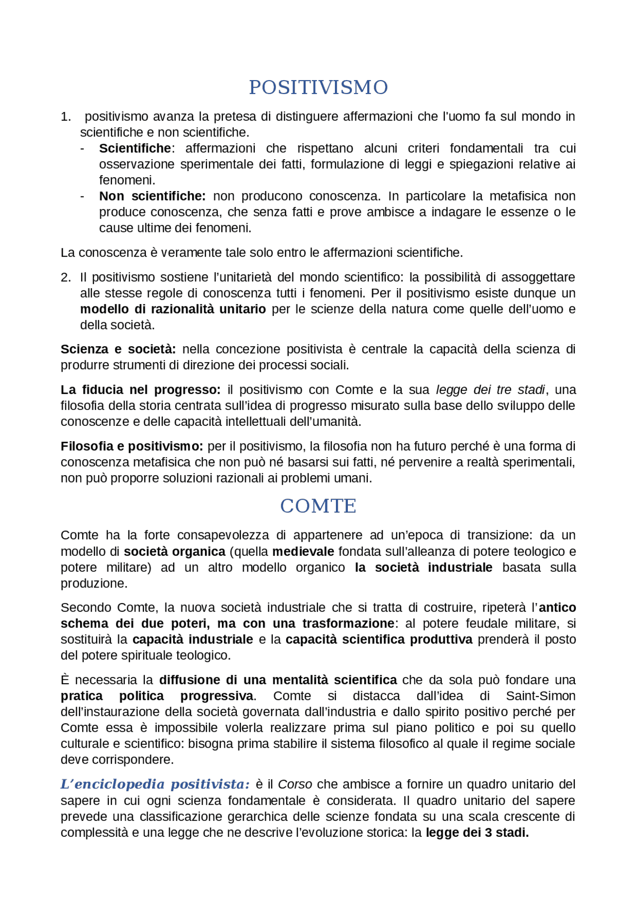 Appunti Su Positivismo E Compte Docsity