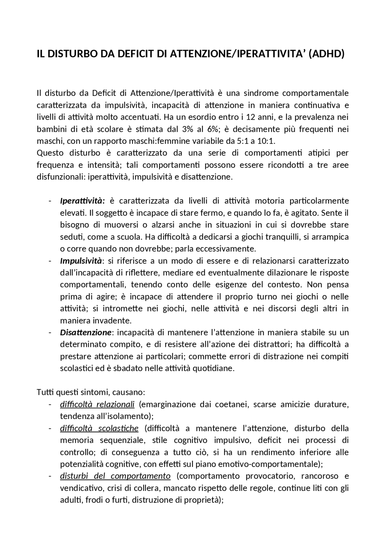 Il Disturbo Da Deficit Dellattenzione E Iperattività Docsity