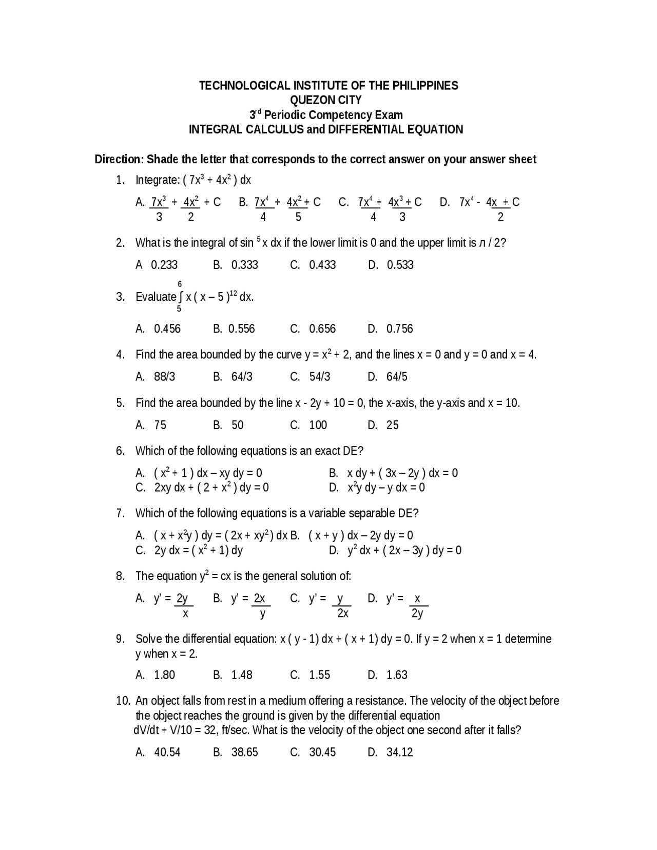 PERIODIC COMPETENCY EXAM IN INTEGRAL CALCULUS AND DIFFERENTIAL EQUATION ...